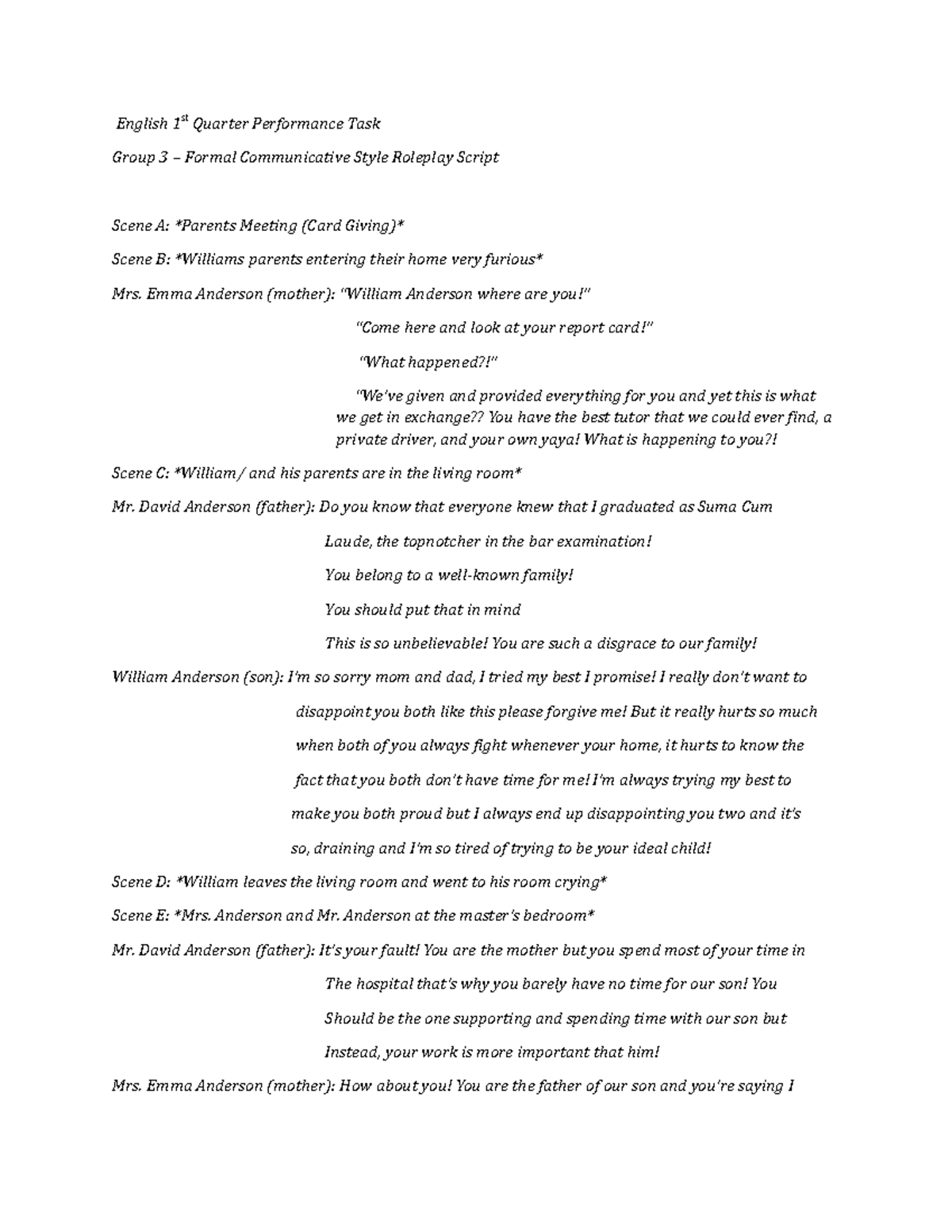 English Q1 PETA Roleplay Script - English 1st Quarter Performance Task ...