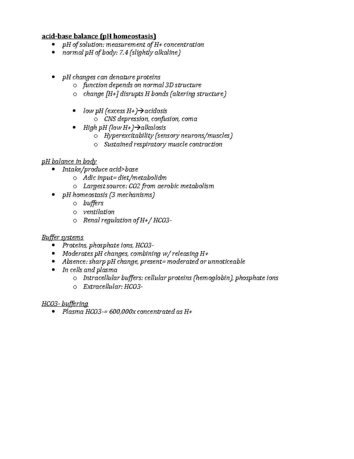 Acidbase - Lecture notes 30,31 - acid-base balance (pH homeostasis) pH ...