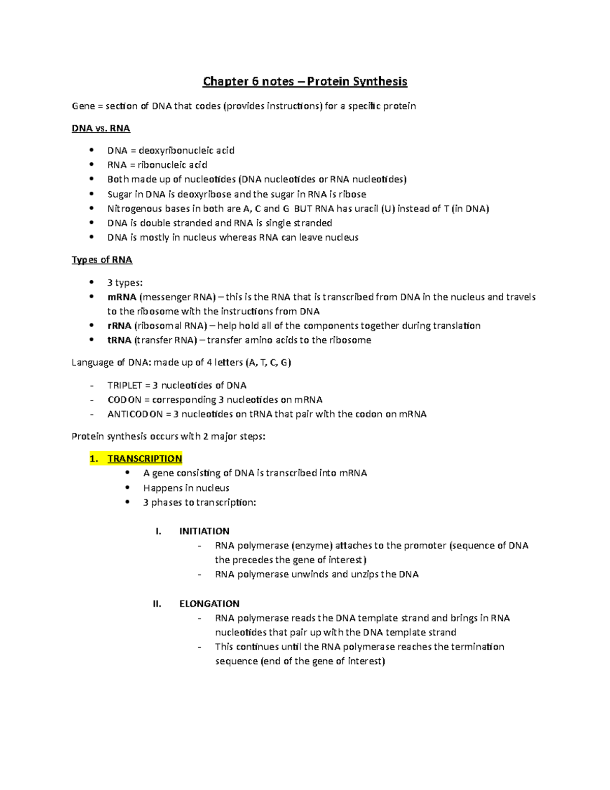 Chapter 6 notes - protein synthesis - Chapter 6 notes – Protein ...