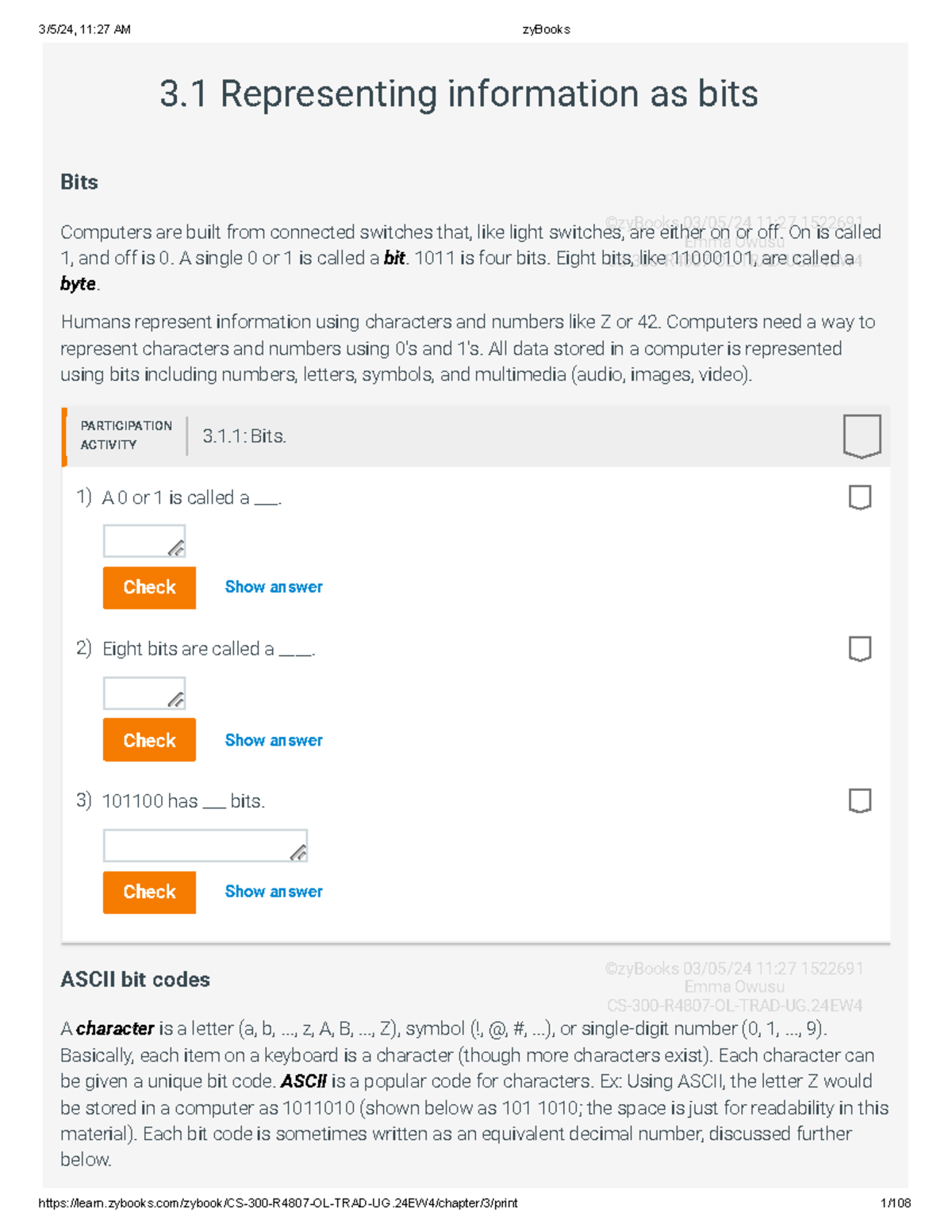 Zy Books Chapter 3 - Reading - 3 Representing information as bits Bits Computers are built from ...