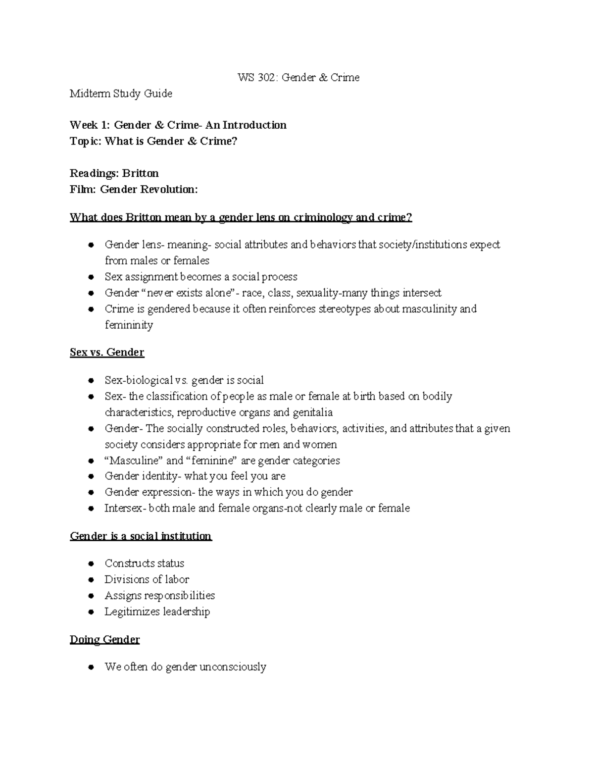 WS 302 Midterm Study Guide - WS 302: Gender & Crime Midterm Study Guide ...