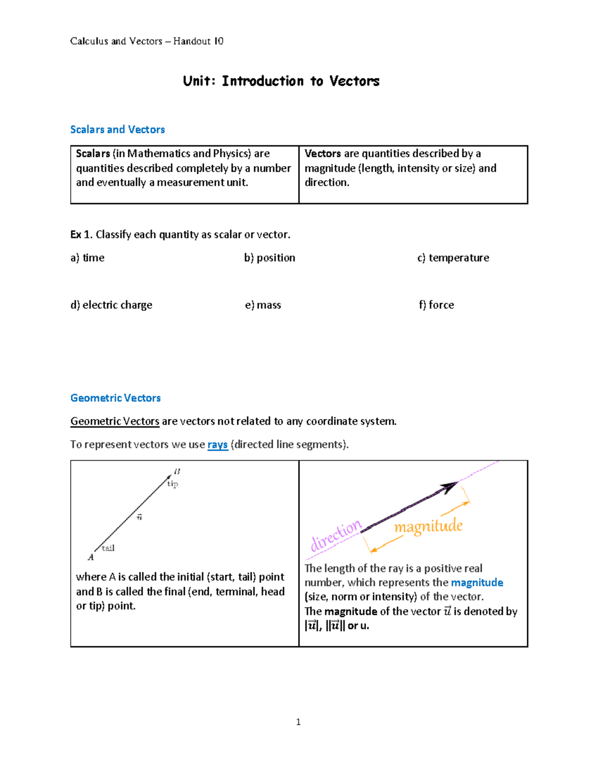 Handout 01 - qwe - Unit: Introduction to Vectors Scalars and Vectors ...