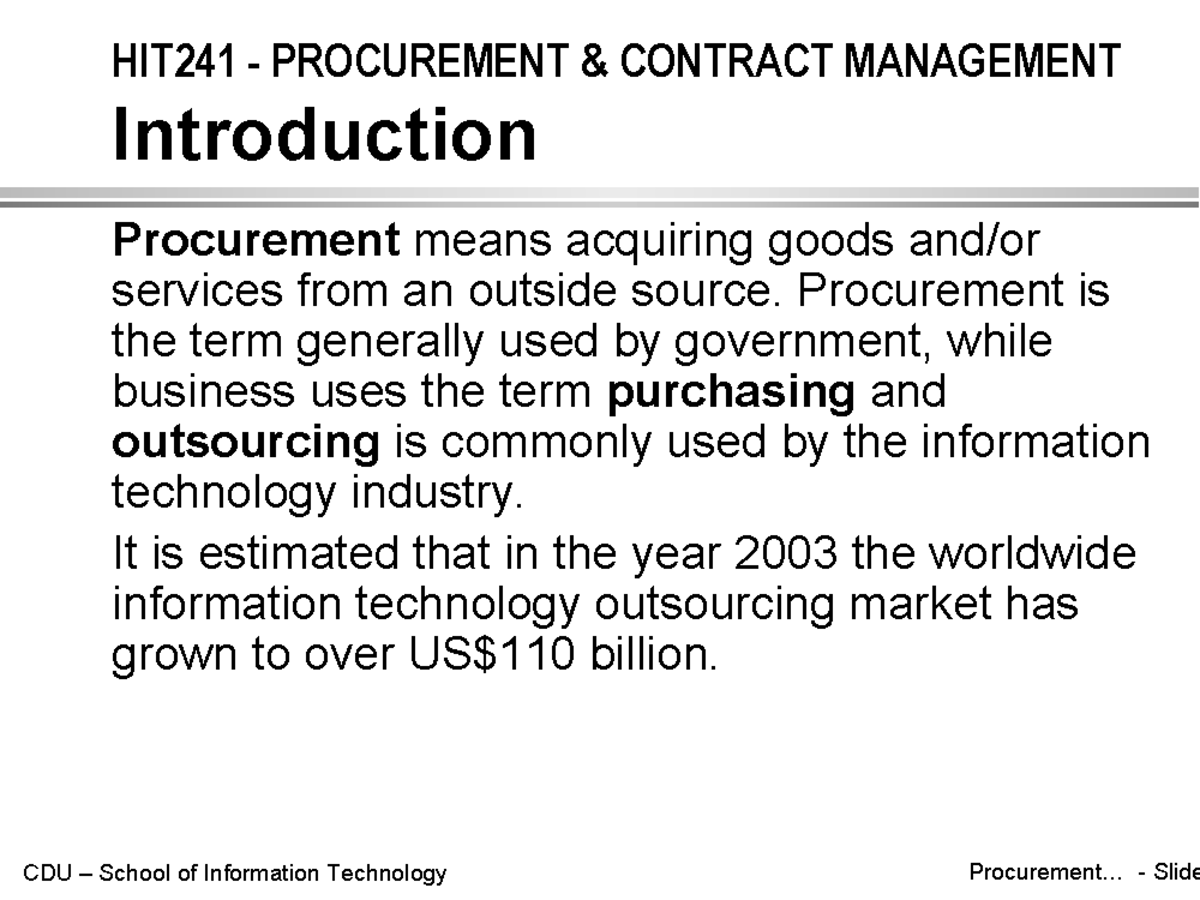 Lecture slides, lecture Procurement - HIT241 PROCUREMENT CONTRACT ...