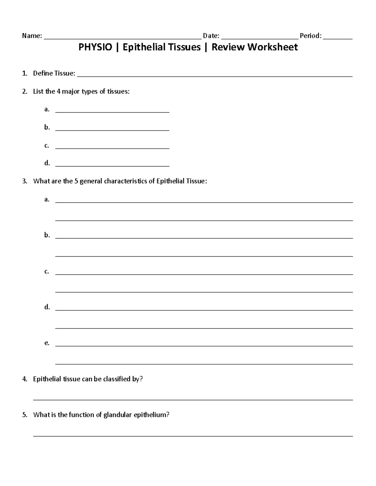 Epithelial Tissue Review Worksheet Physio (1) - Name