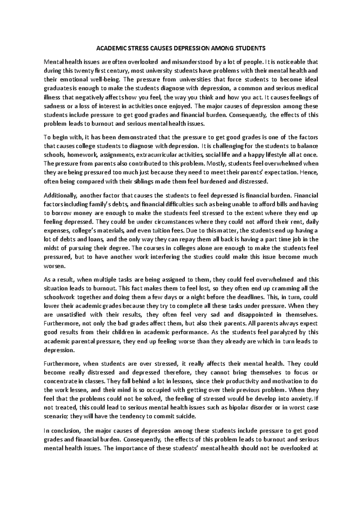 Sample CE essay - ACADEMIC STRESS CAUSES DEPRESSION AMONG STUDENTS ...