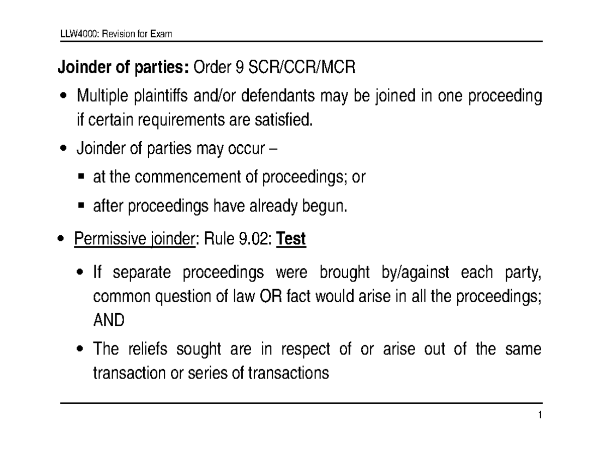 Civil Revision for Exam - Joinder of parties: Order 9 SCR/ CCR/ MCR Mul ...