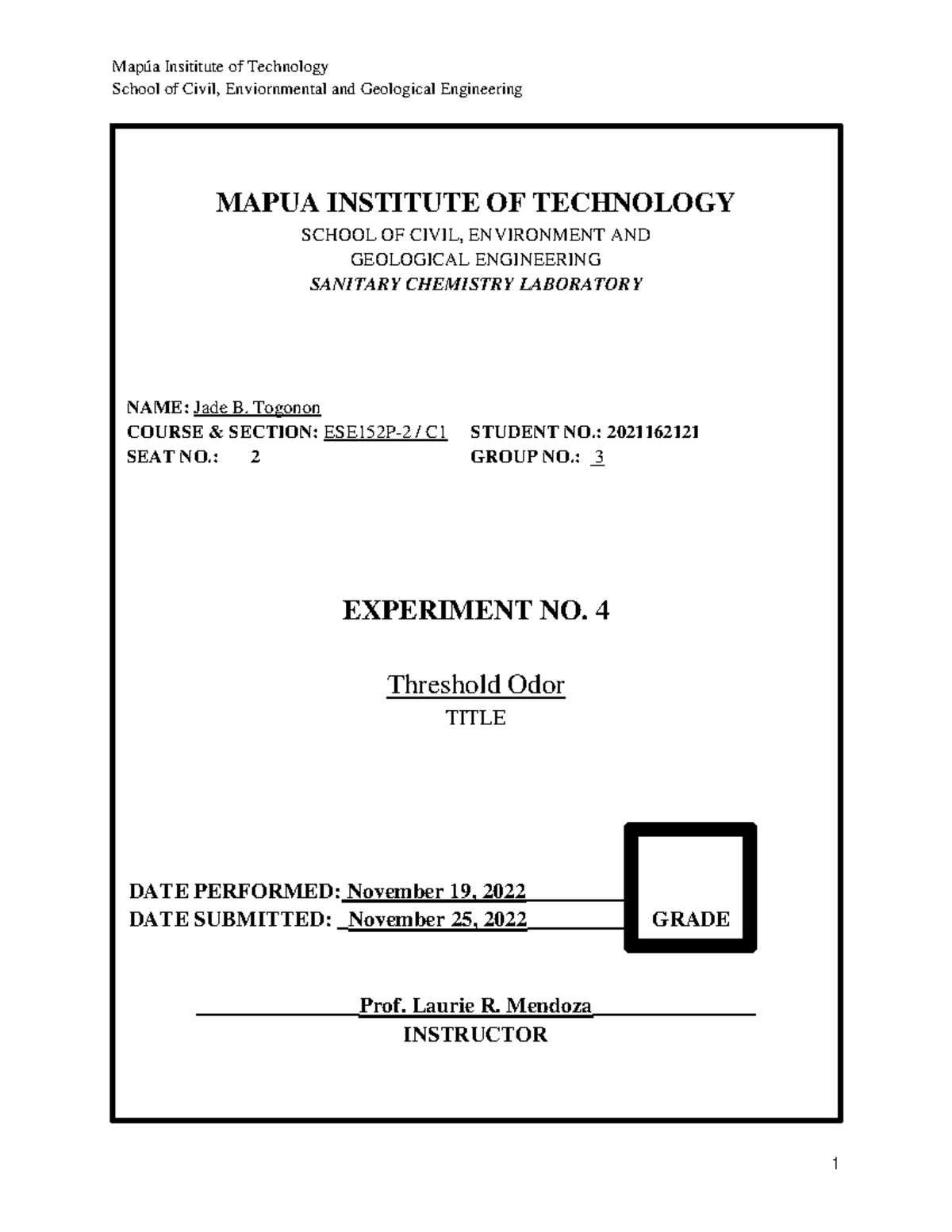 Togonon ESE142P-2 C1 EX3 - School of Civil, Enviornmental and Geological Engineering MAPUA ...