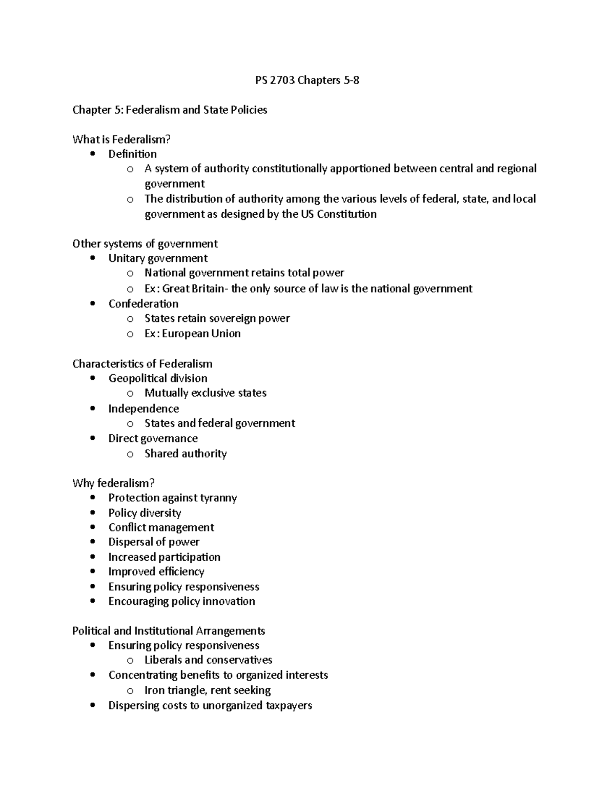 PS 2703 Chapters 5-8 - PS 2703 Chapters 5- Chapter 5: Federalism and ...