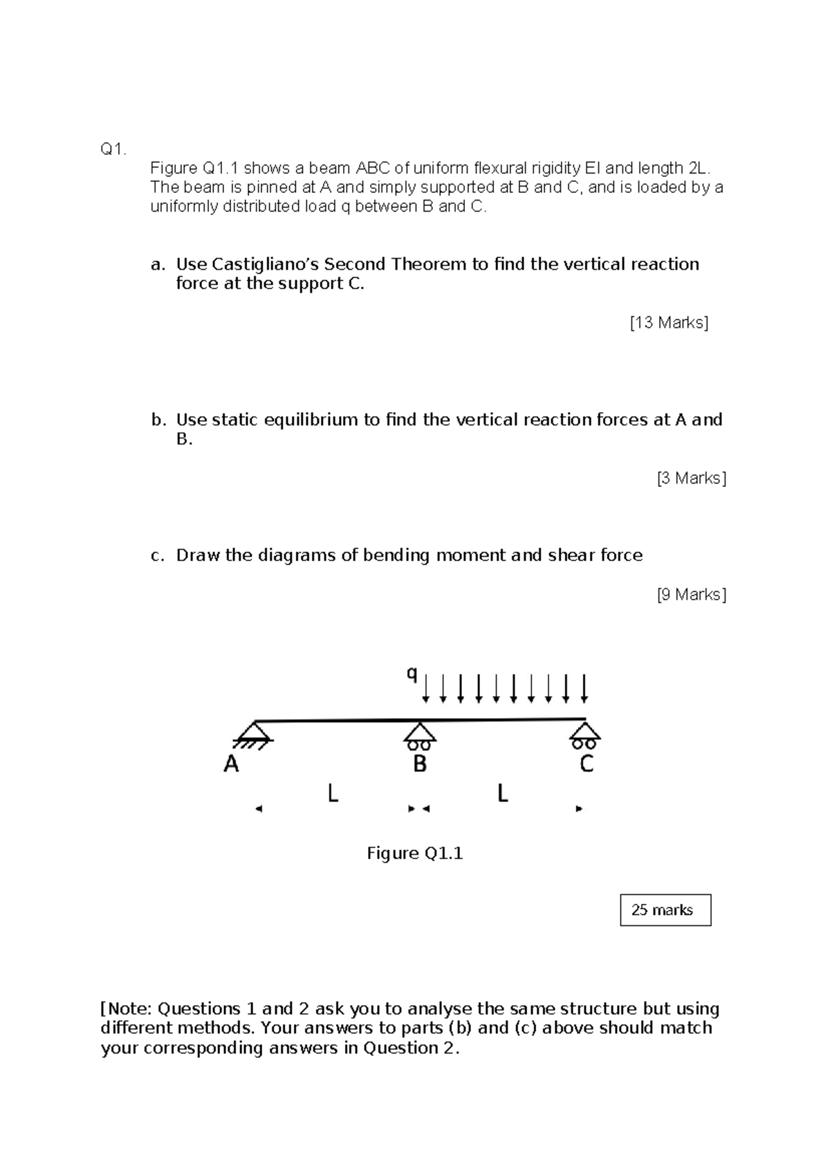 Mock exam Analysis Mechanics - Q1. Figure Q1 shows a beam ABC of uniform flexural rigidity EI ...