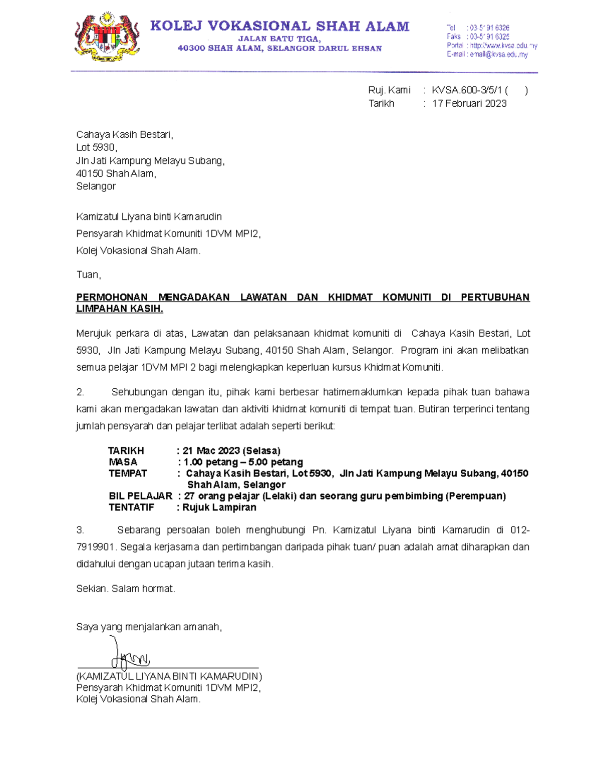 Surat lawatan ke rumah anak yatim - Ruj. Kami : KVSA-3/5/1 ( ) Tarikh ...