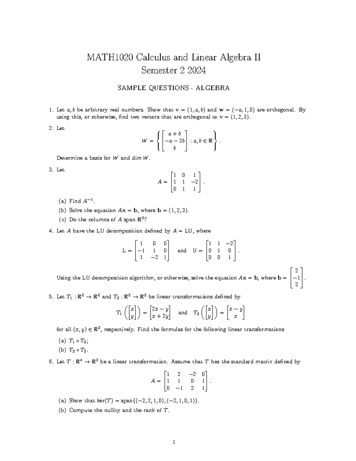 Solutions-Algebra-MATH1020-2024S2 - MATH1020 Calculus and Linear ...