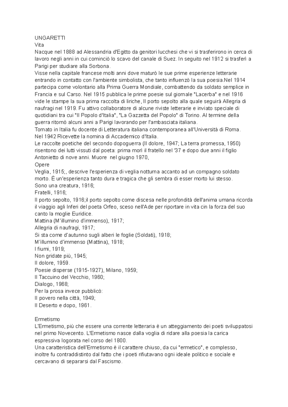 Ungaretti,D'annunzio,Pirandello - UNGARETTI Vita Nacque nel 1888 ad Alessandria d'Egitto da ...