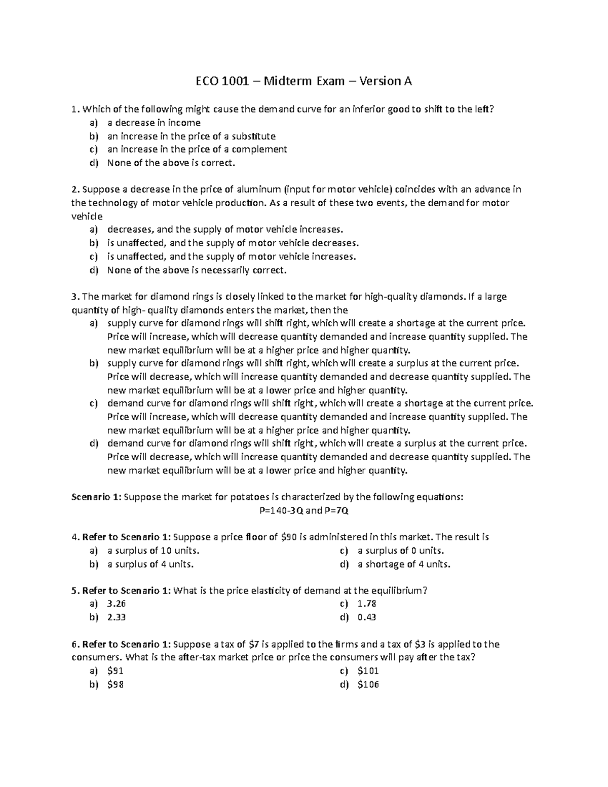 Midterm Baruch A, Fall 2020 - ECO 1001 – Midterm Exam – Version A Which ...