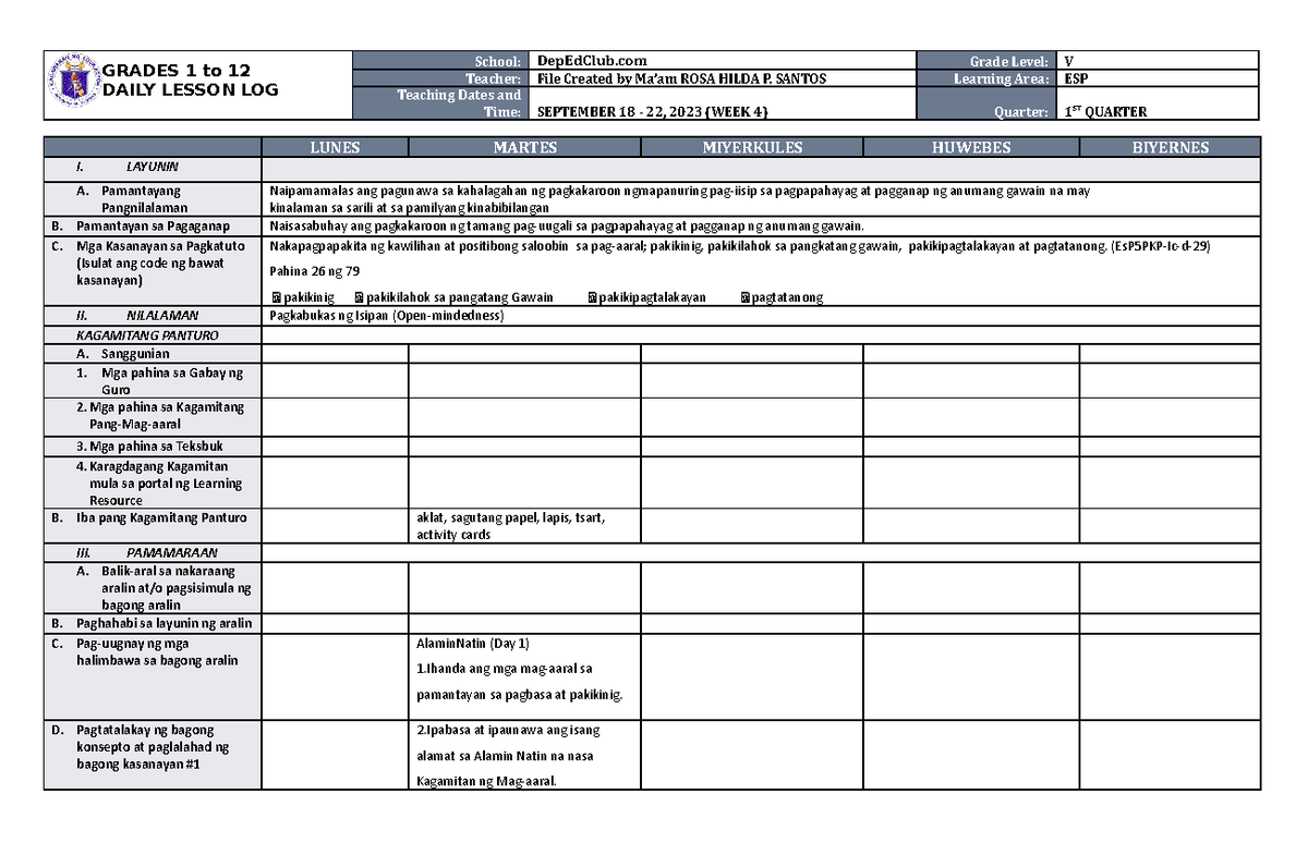 DLL ESP 5 Q1 W4 - daily lesson plan - GRADES 1 to 12 DAILY LESSON LOG ...