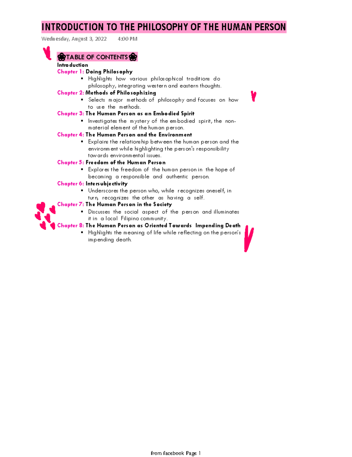 Introduction TO THE Philosophy OF THE Human Person - TABLE OF CONTENTS Introduction Chapter 1 ...