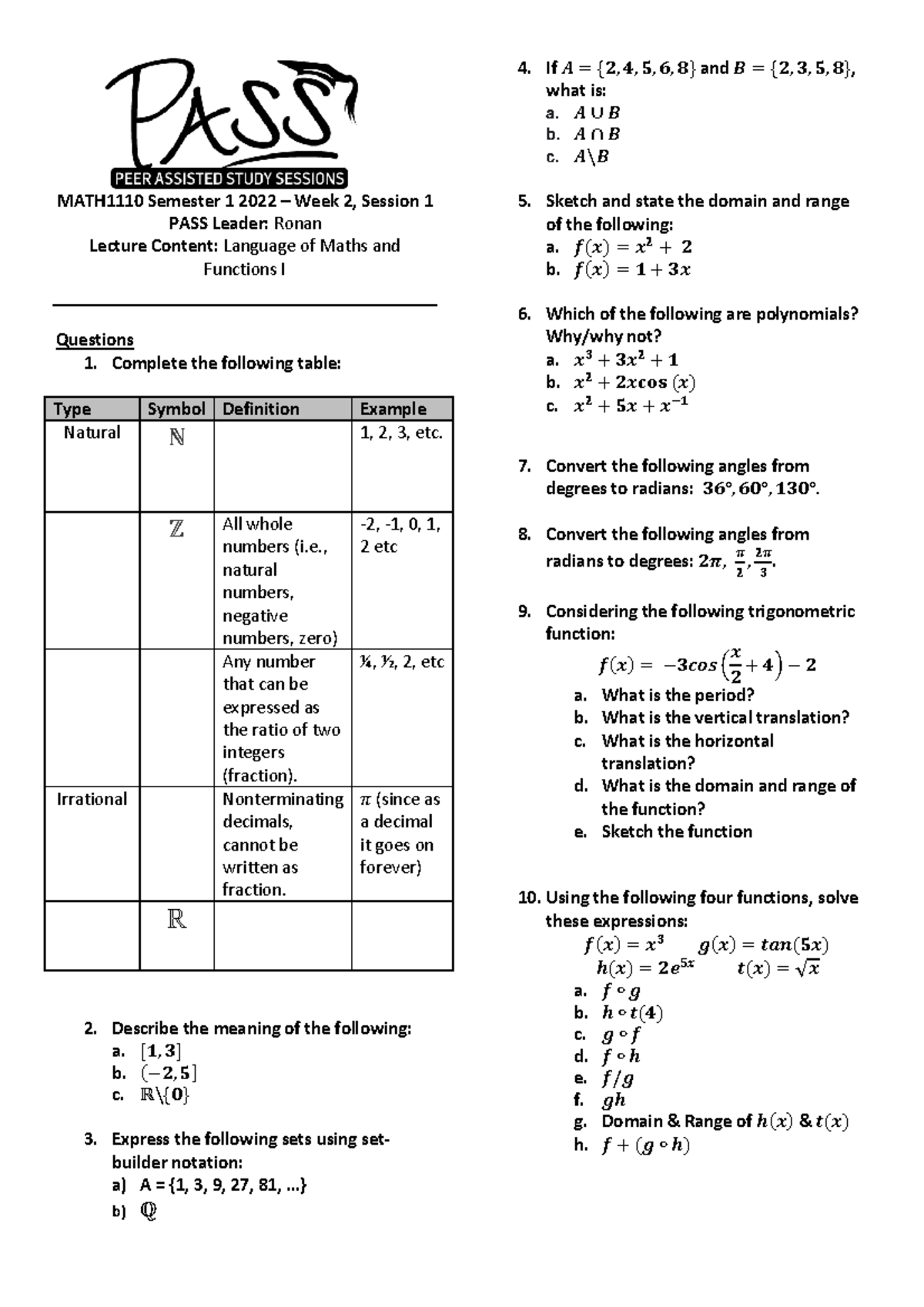 MATH1110 PASS Session 1 Worksheet - Ronan - MATH1110 Semester 1 2022 ...