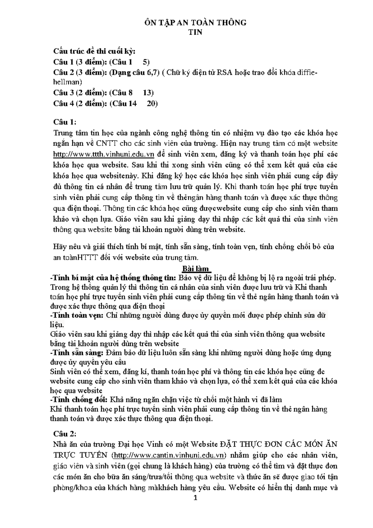 On tap An toan thong tin CK - ÔN TẬP AN TOÀN THÔNG TIN Cấu trúc đề thi cuối kỳ: Câu 1 (3 điểm ...