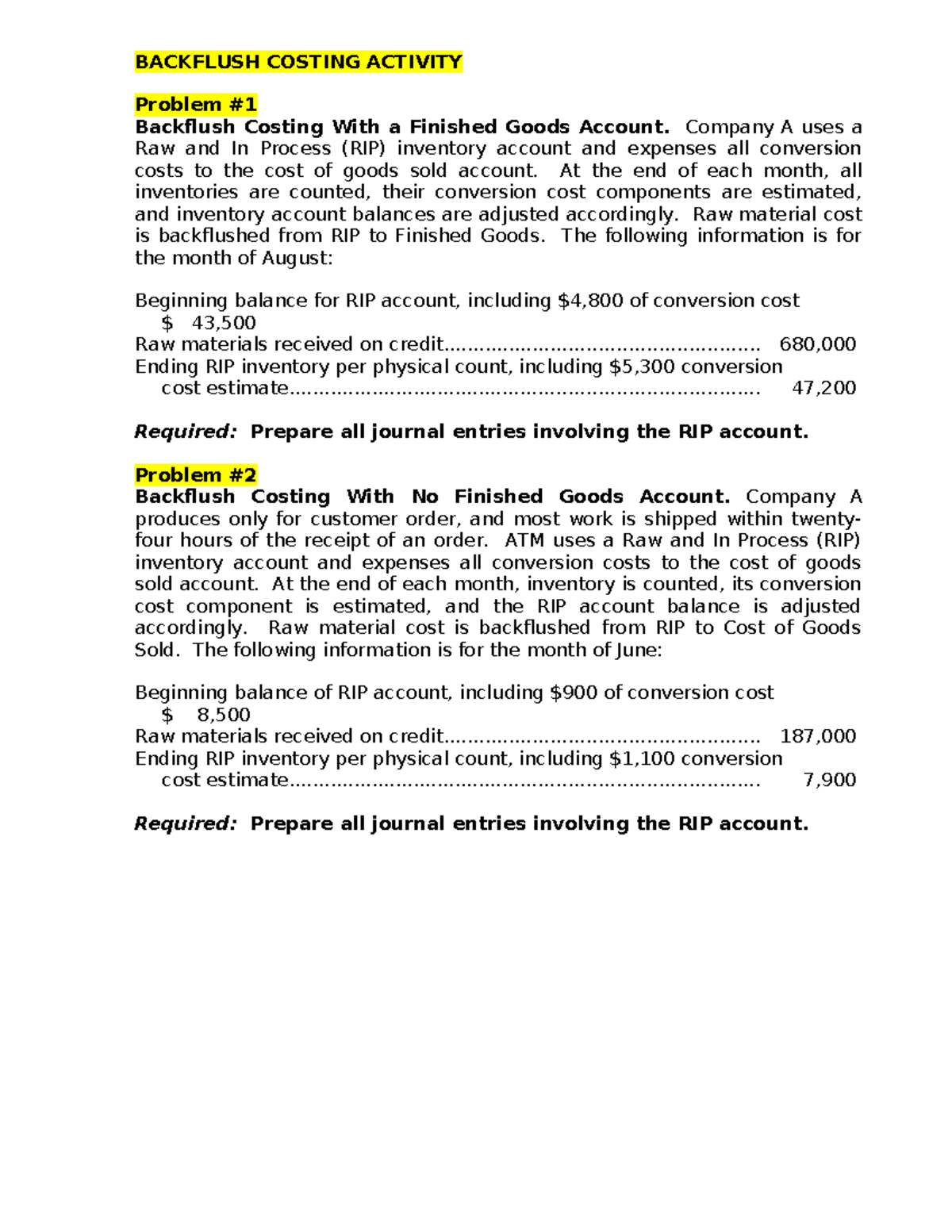 Backflush-Costing-Activity - BACKFLUSH COSTING ACTIVITY Problem ...
