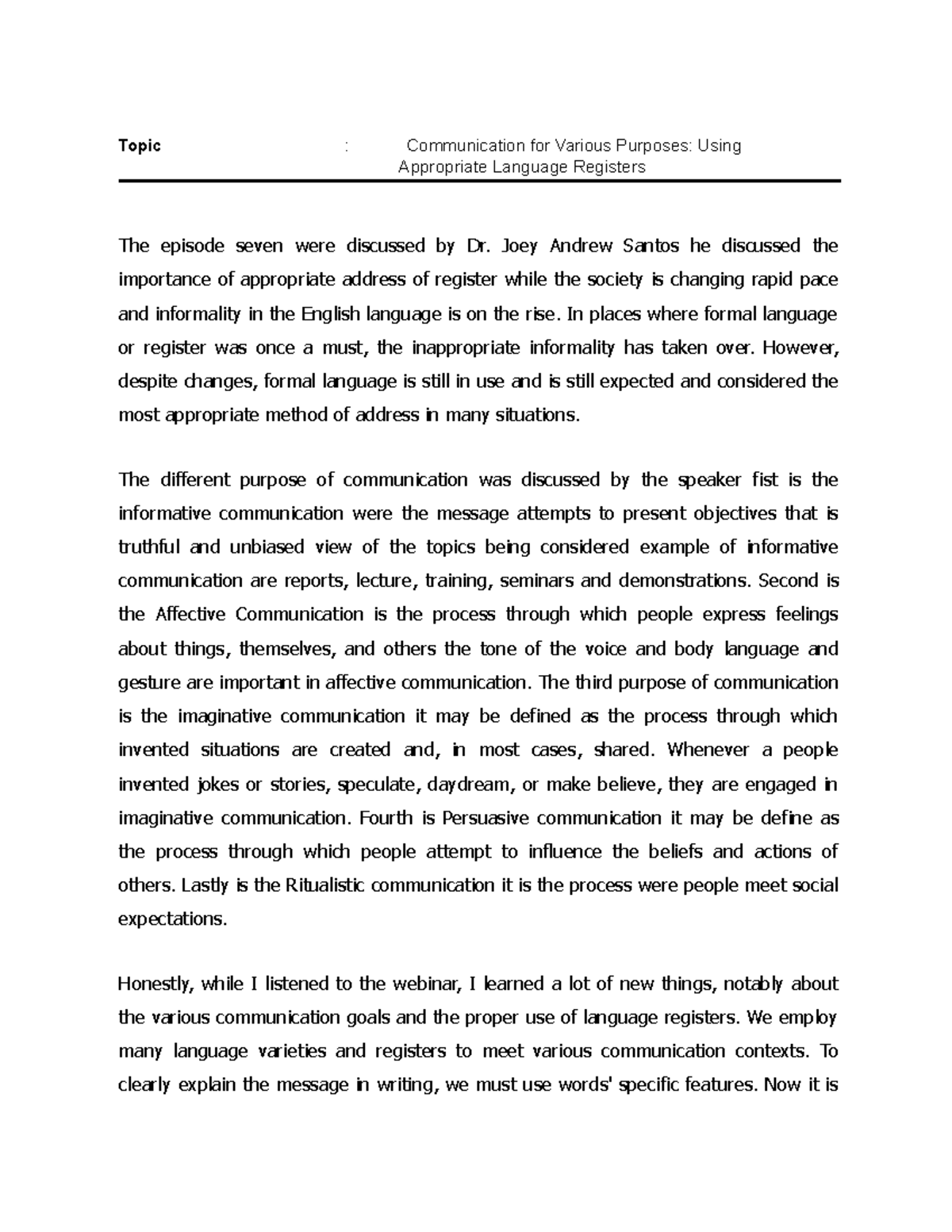 Communication for Various Purposes Using - Topic :Communication for ...