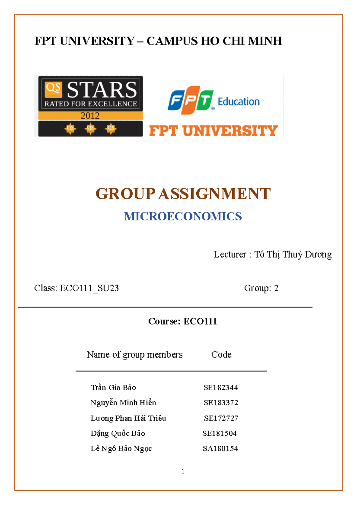 ECO111 - FPT UNIVERSITY – CAMPUS HO CHI MINH GROUP ASSIGNMENT ...