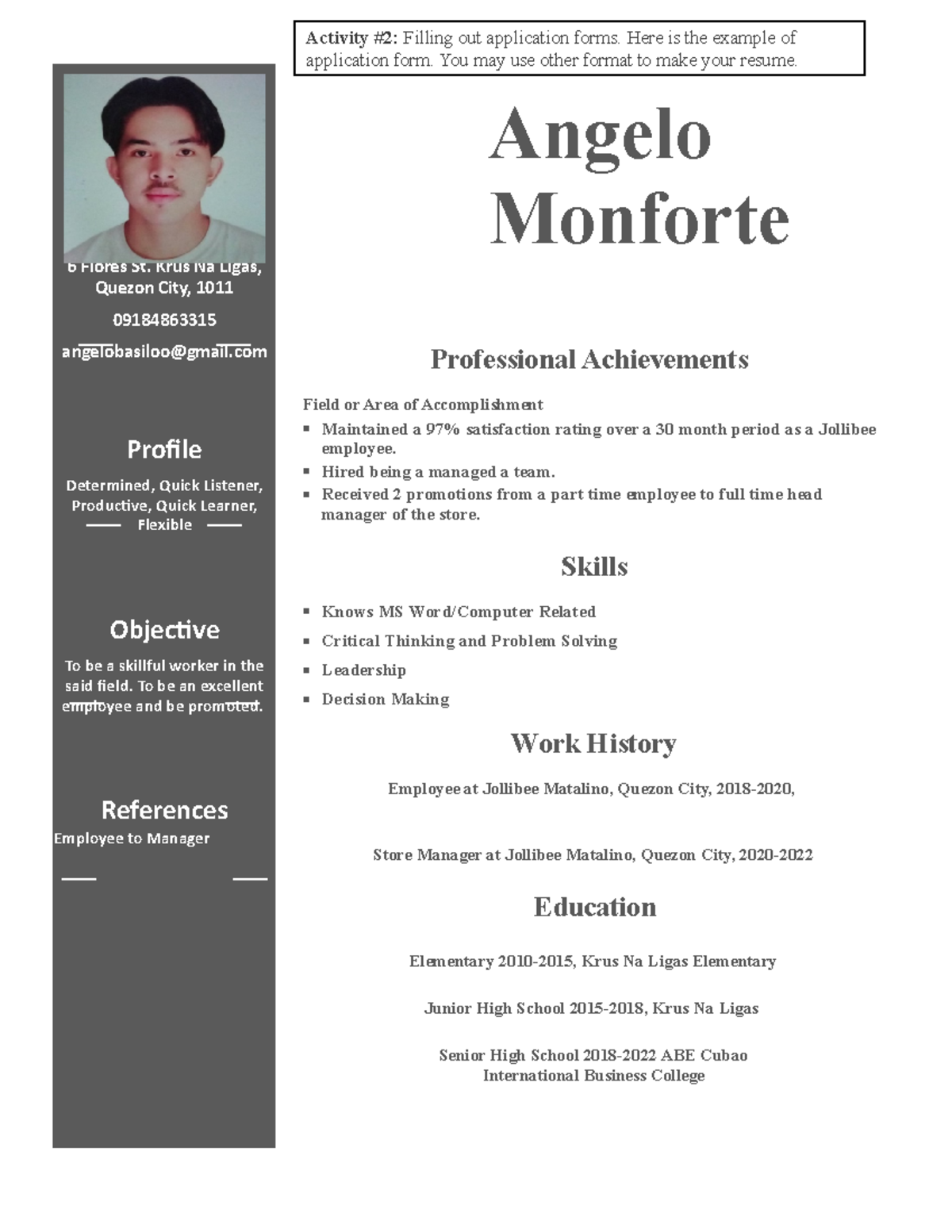 Learning Activity 2 Application Forms-converted - Angelo Monforte Professional Achievements ...