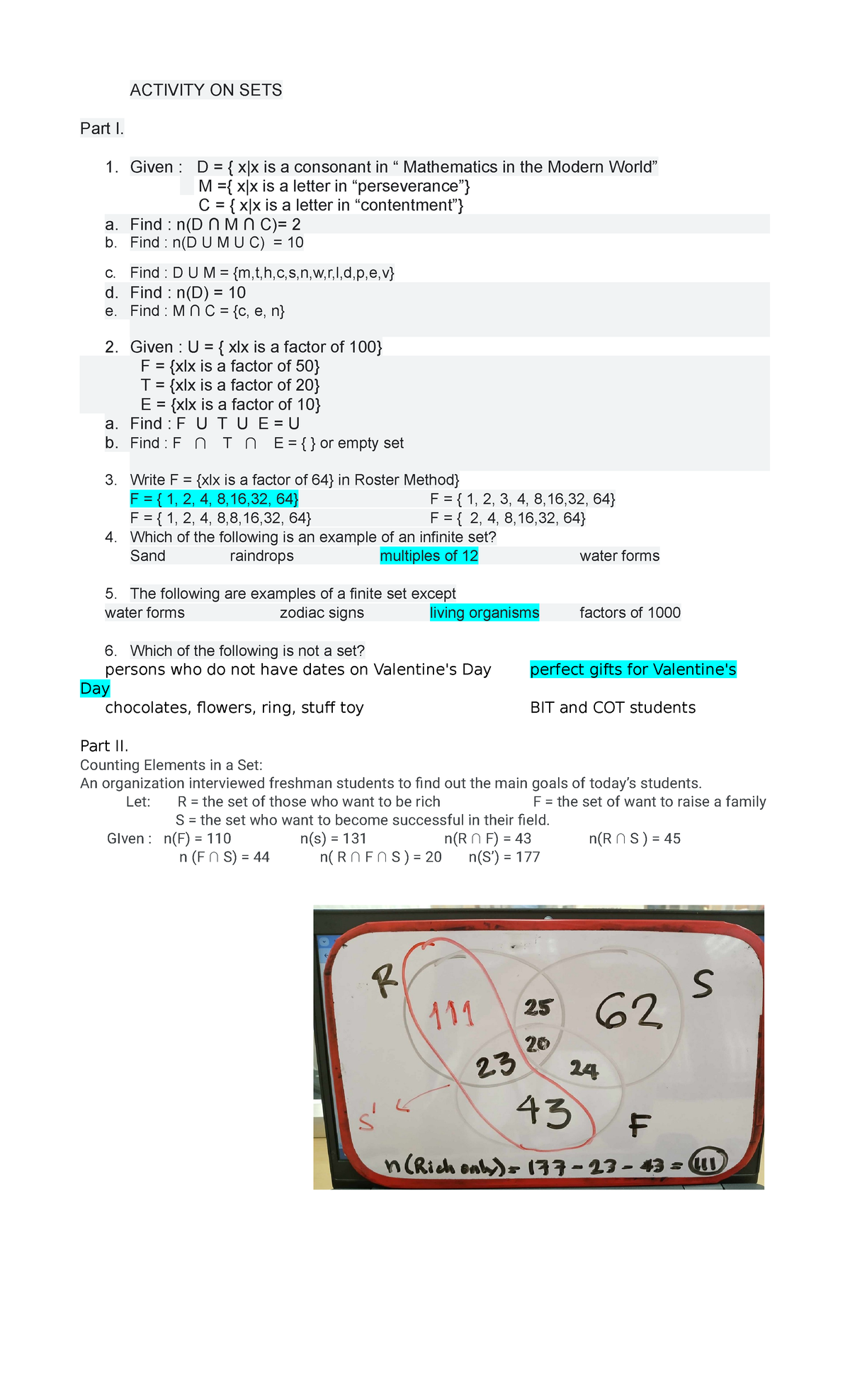 Acticity-ON-SETS GE2 2nd-SEM 2024 - ACTIVITY ON SETS Part I. 1. Given : D = { x|x is a consonant ...