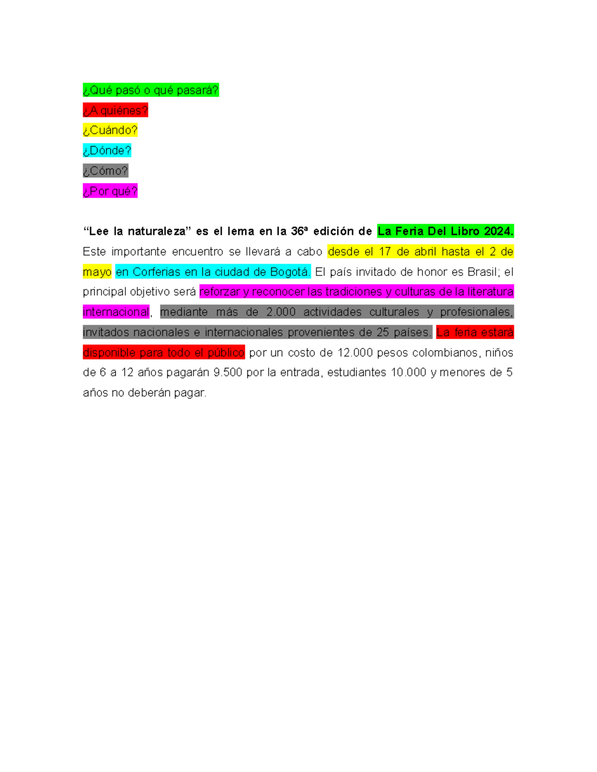 Párrafo informativo - ¿Qué pasó o qué pasará? ¿A quiénes? ¿Cuándo ...