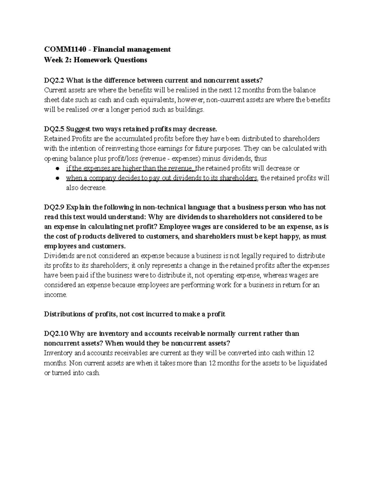 Week 2 homework questions - COMM1140 - Financial management Week 2: Homework Questions DQ2 What ...
