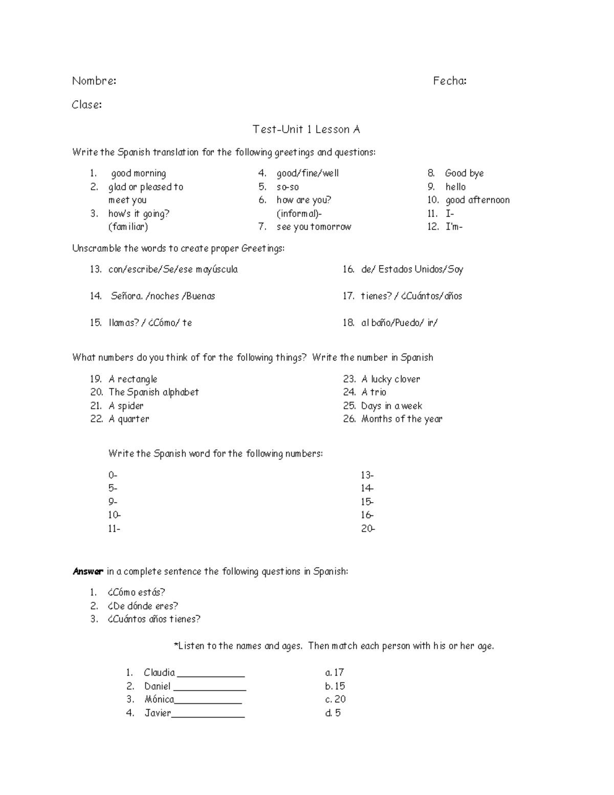 Unit 1 Lesson A Test - Spanish instructor given coursework/notes ...