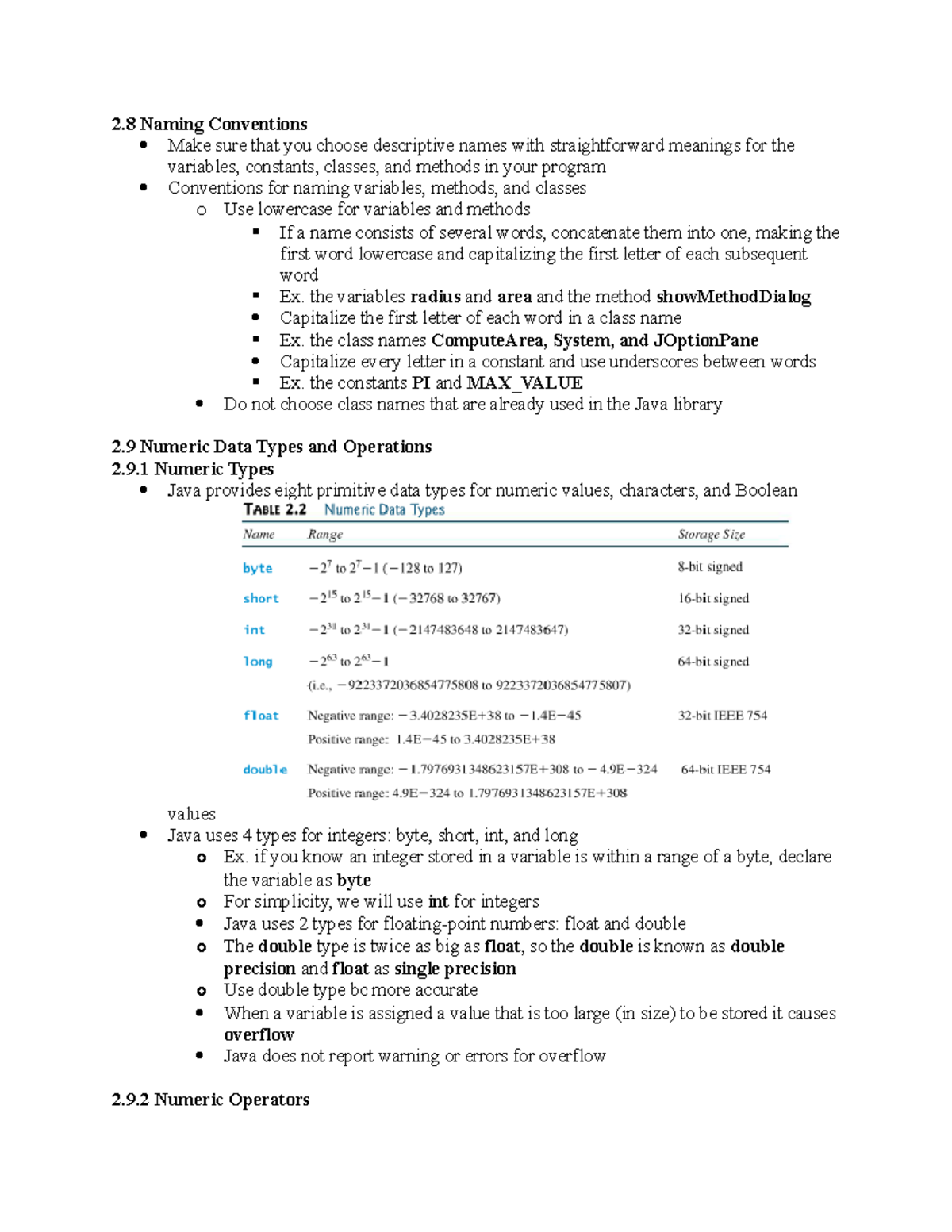 Java 2.8 and 2 - Chapter 2 notes - 2 Naming Conventions Make sure that ...