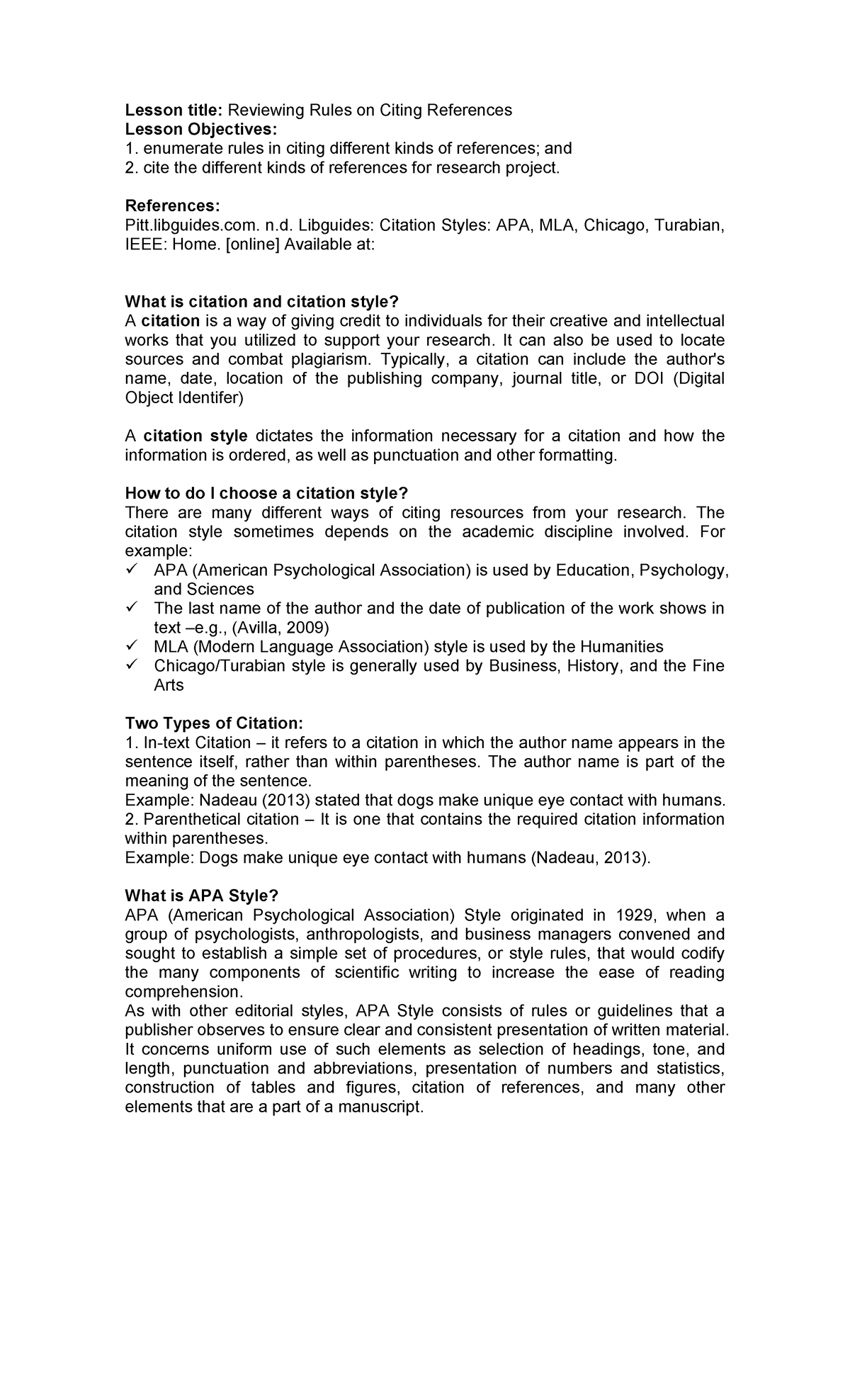 Reviewing Rules on Citing References - References: Pitt.libguides. n ...