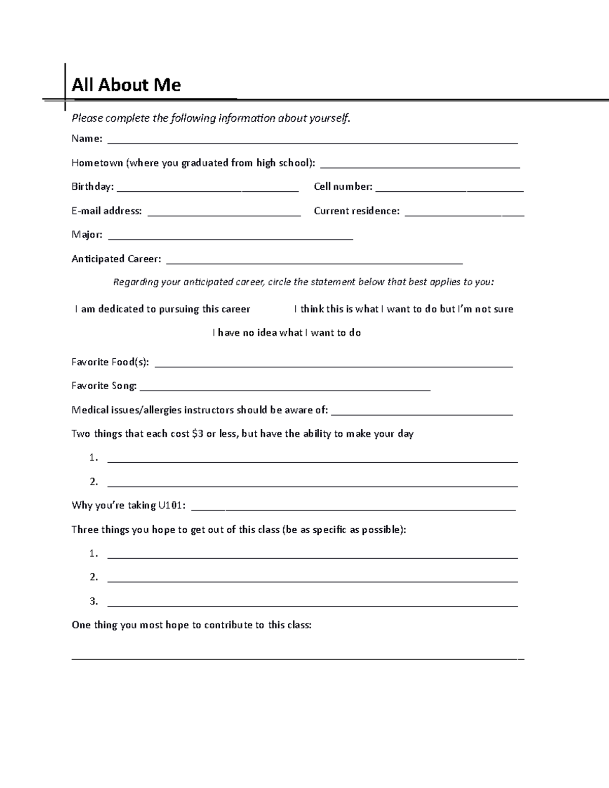 All About Me - Stuff - All About Me Please complete the following ...