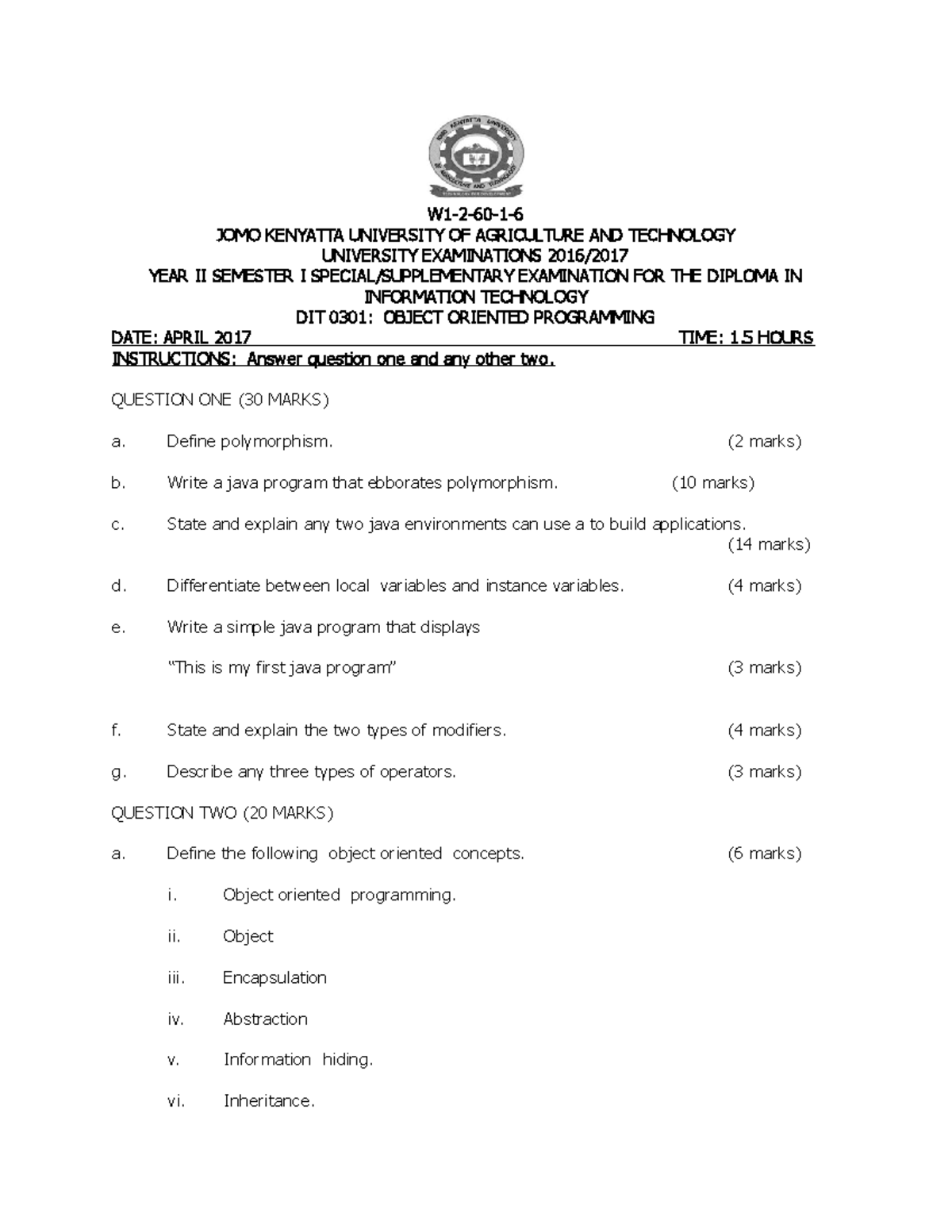 DIT 0301 Object Oriented Programming - W1-2-60-1- JOMO KENYATUNTA ...