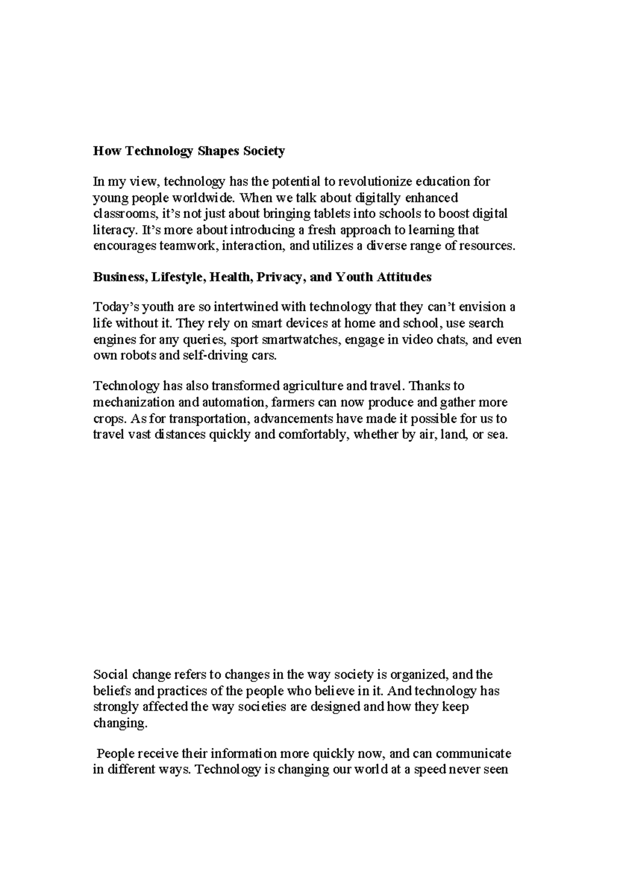 Info - How Technology Shapes Society In my view, technology has the ...