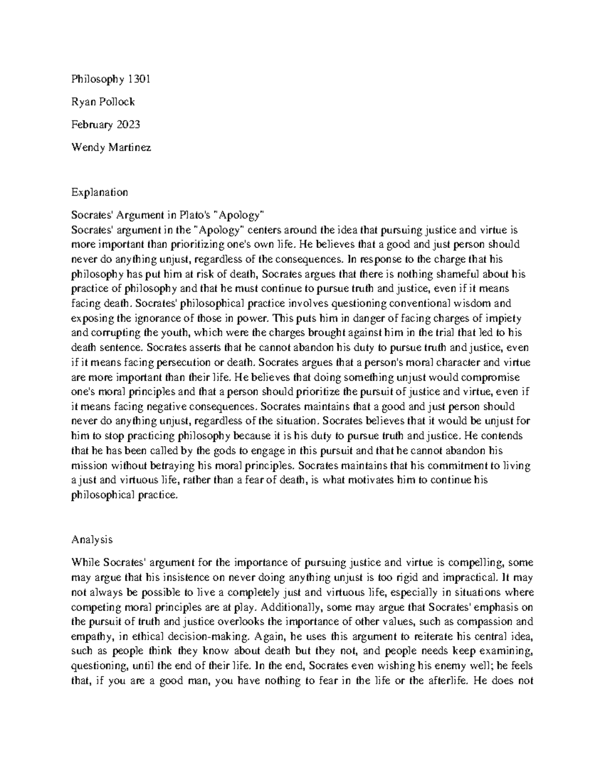 Philosophy response paper 3 - Philosophy 1301 Ryan Pollock February ...