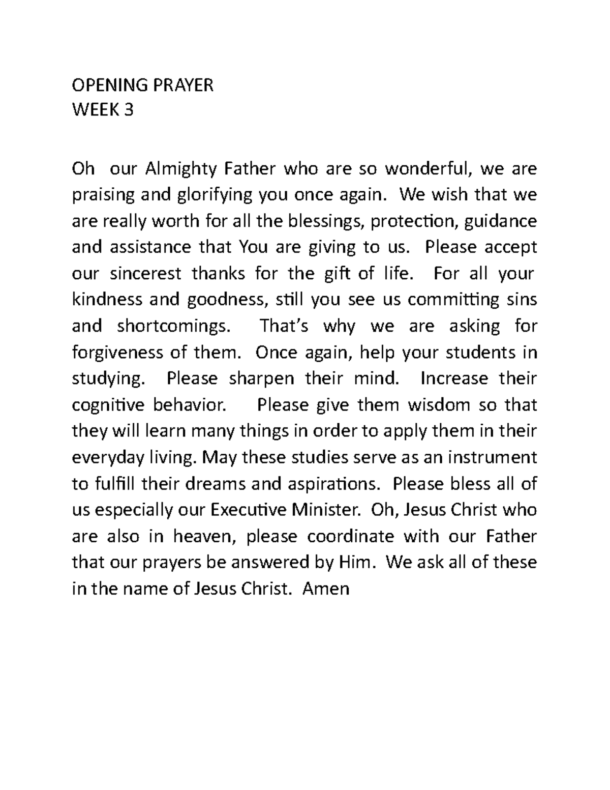 1- Opening Prayer - Articles - OPENING PRAYER WEEK 3 Oh our Almighty ...