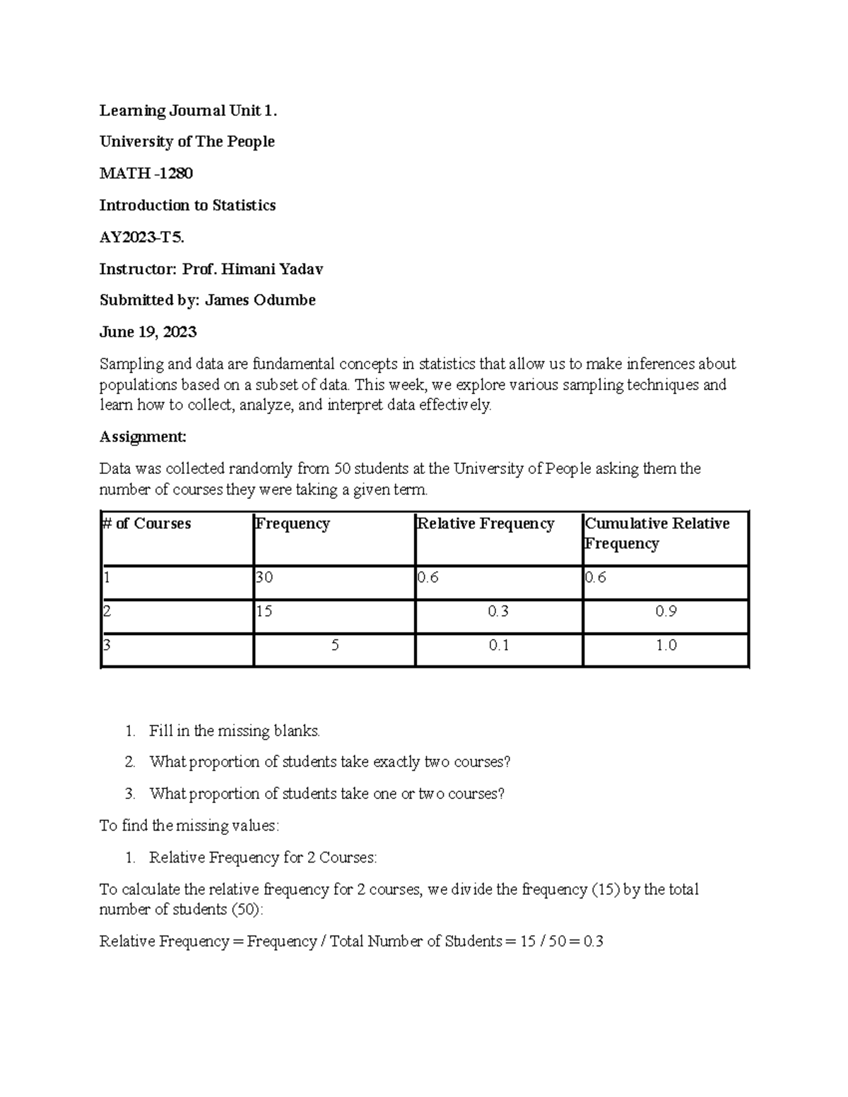 Learning Journal Unit 1 - University of The People MATH - Introduction ...