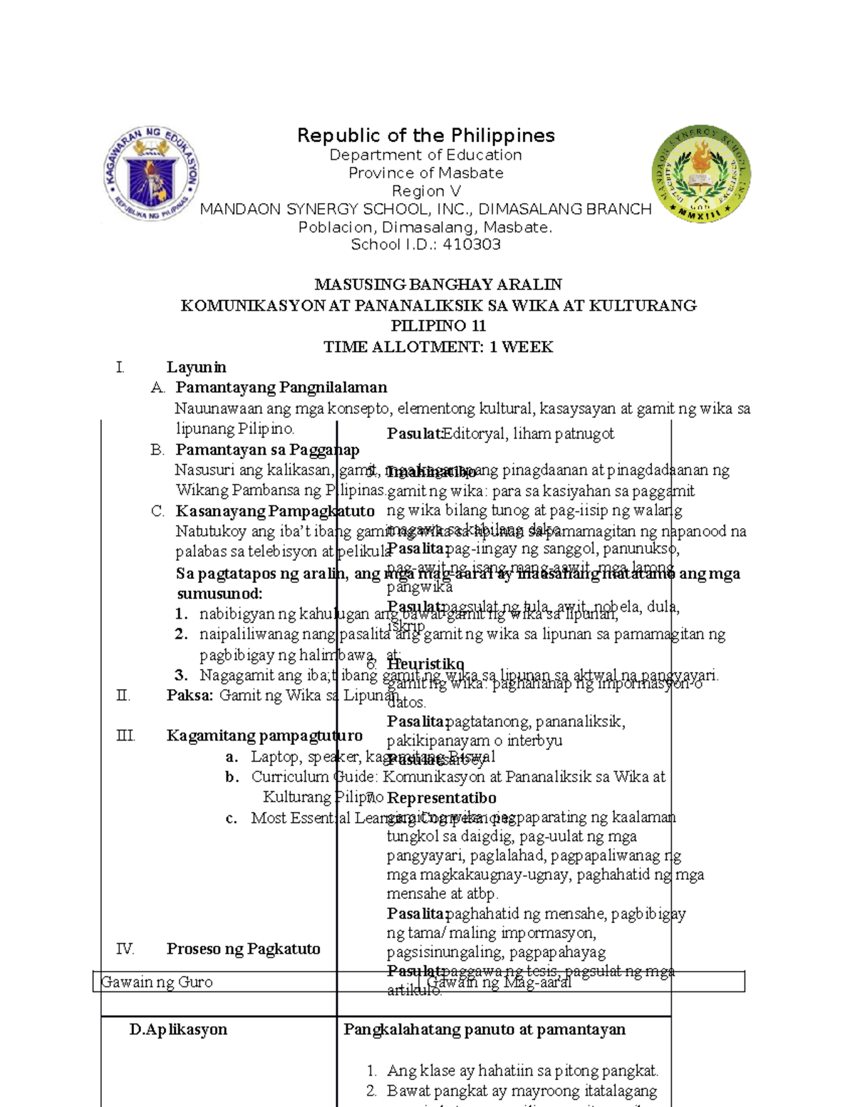 Lesson Plan Kom Pan.-Gamit ng wika sa Lipunan - Republic of the Philippines Department of ...