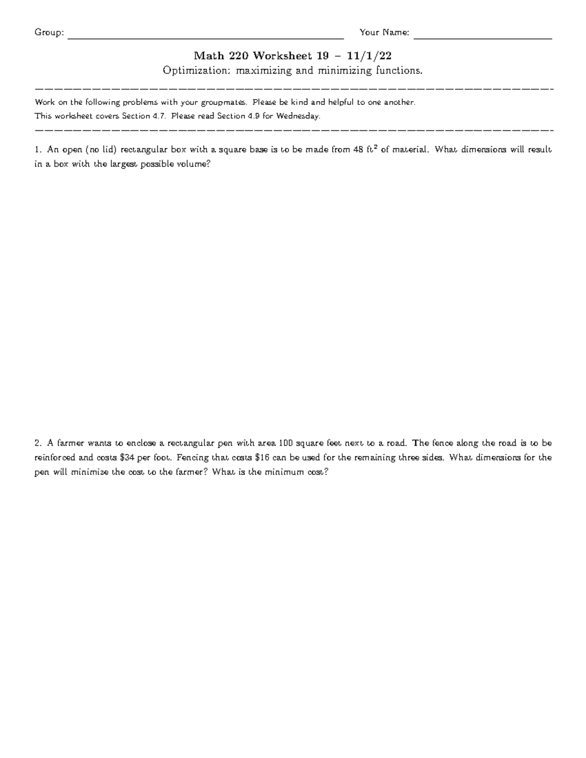 Class Work Sheet 19 - Group: Your Name: Math 220 Worksheet 19 − 11/1 ...