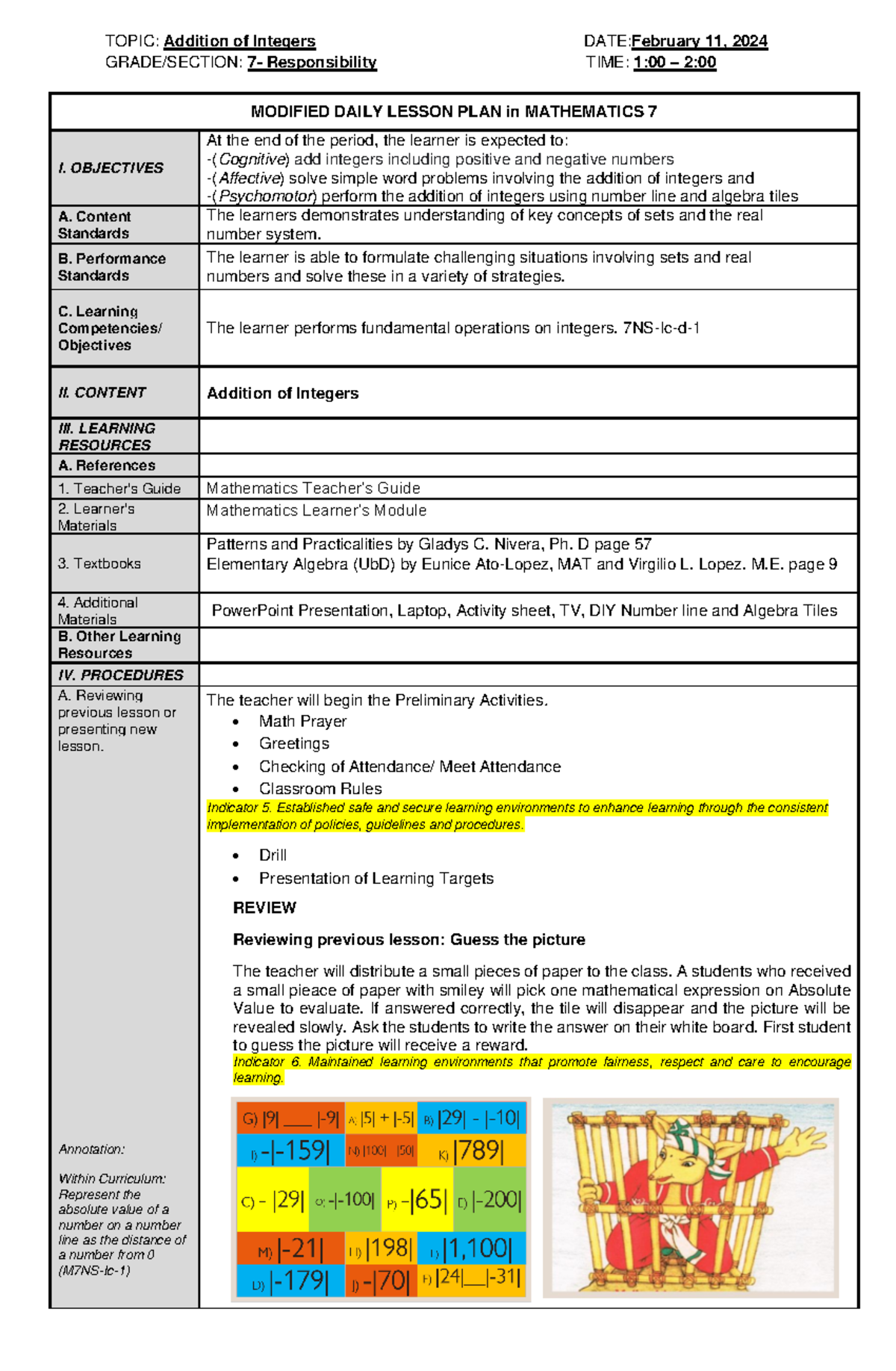 Lesson PLAN - TOPIC: Addition of Integers DATE:February 11 , 2024 GRADE ...