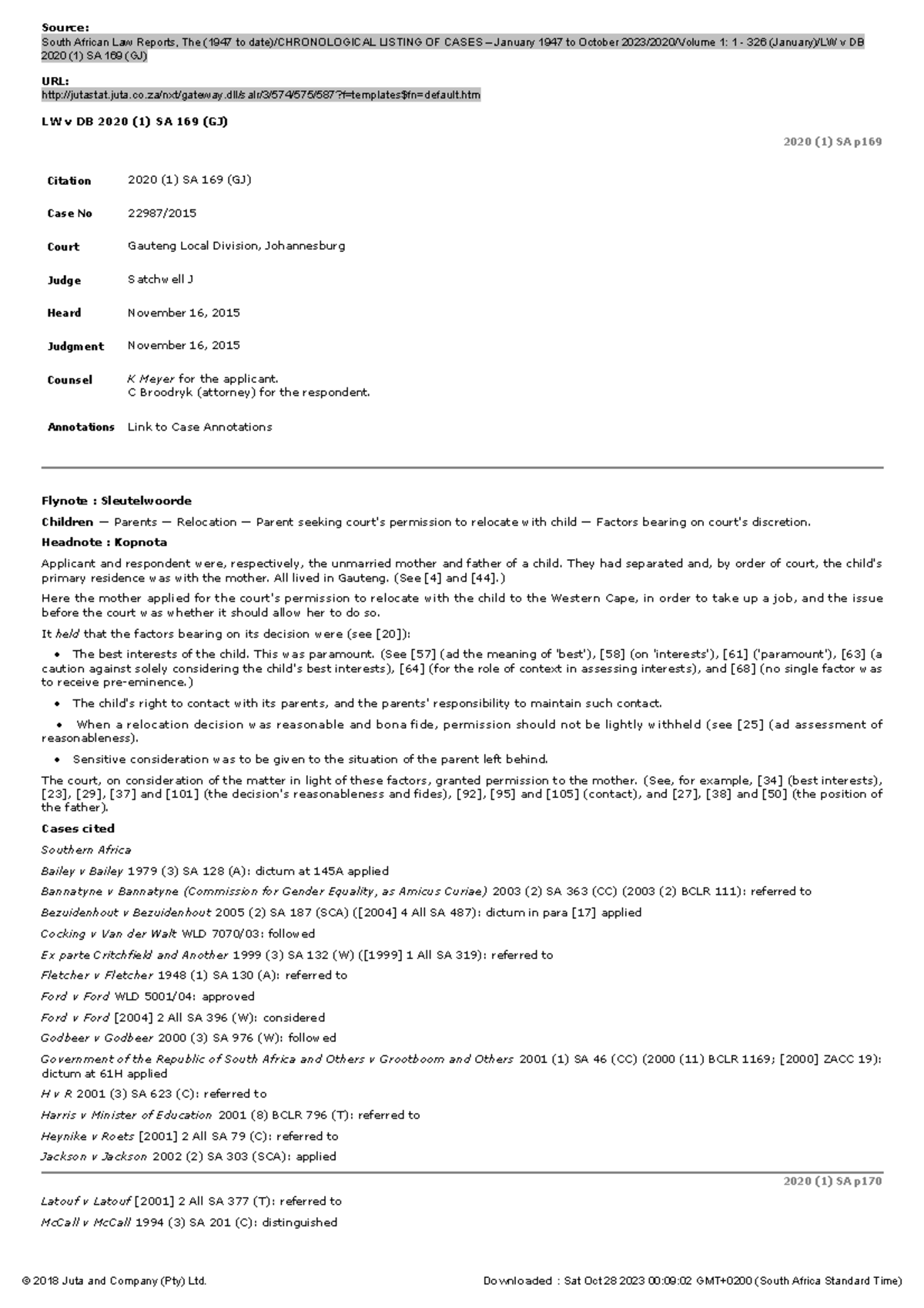 LW v DB 2020 (1) SA 169 (GJ) - Source: South African Law Reports, The ...