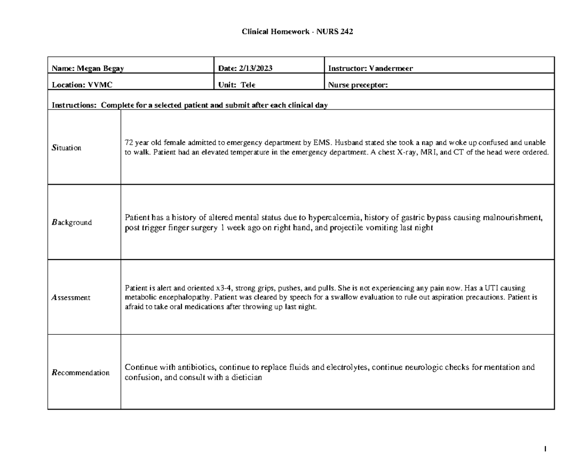 Clinical reasoning map - Name: Megan Begay Date: 2/13/2023 Instructor ...