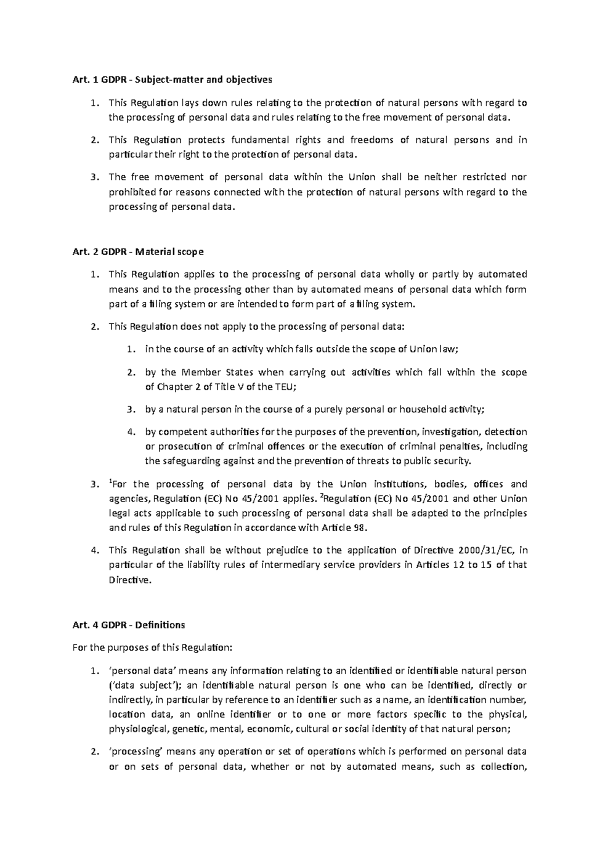 Bundle of Law for Exam - Summary of different laws - Art. 1 GDPR ...