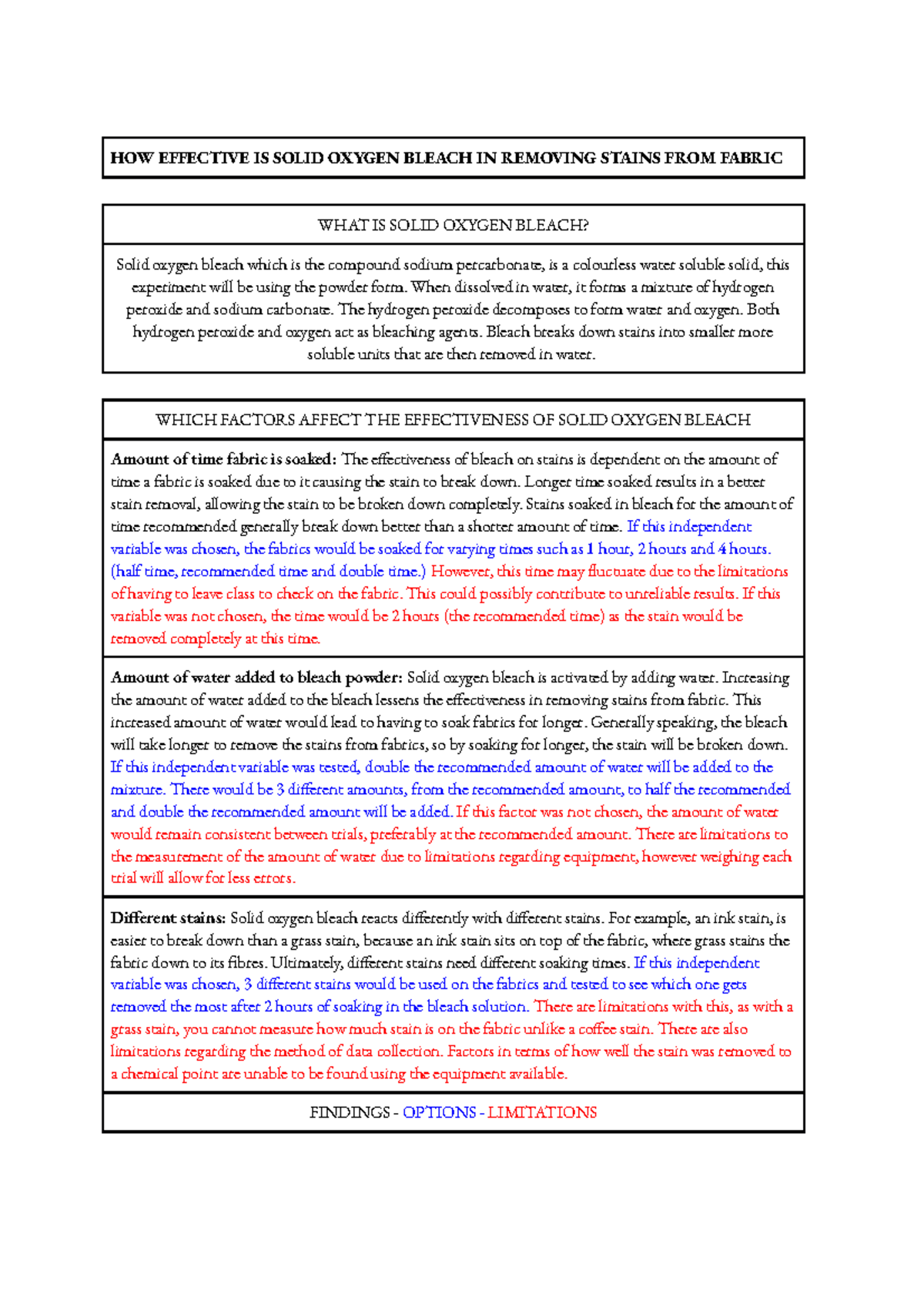 Draft essay for science - HOW EFFECTIVE IS SOLID OXYGEN BLEACH IN REMOVING STAINS FROM FABRIC ...