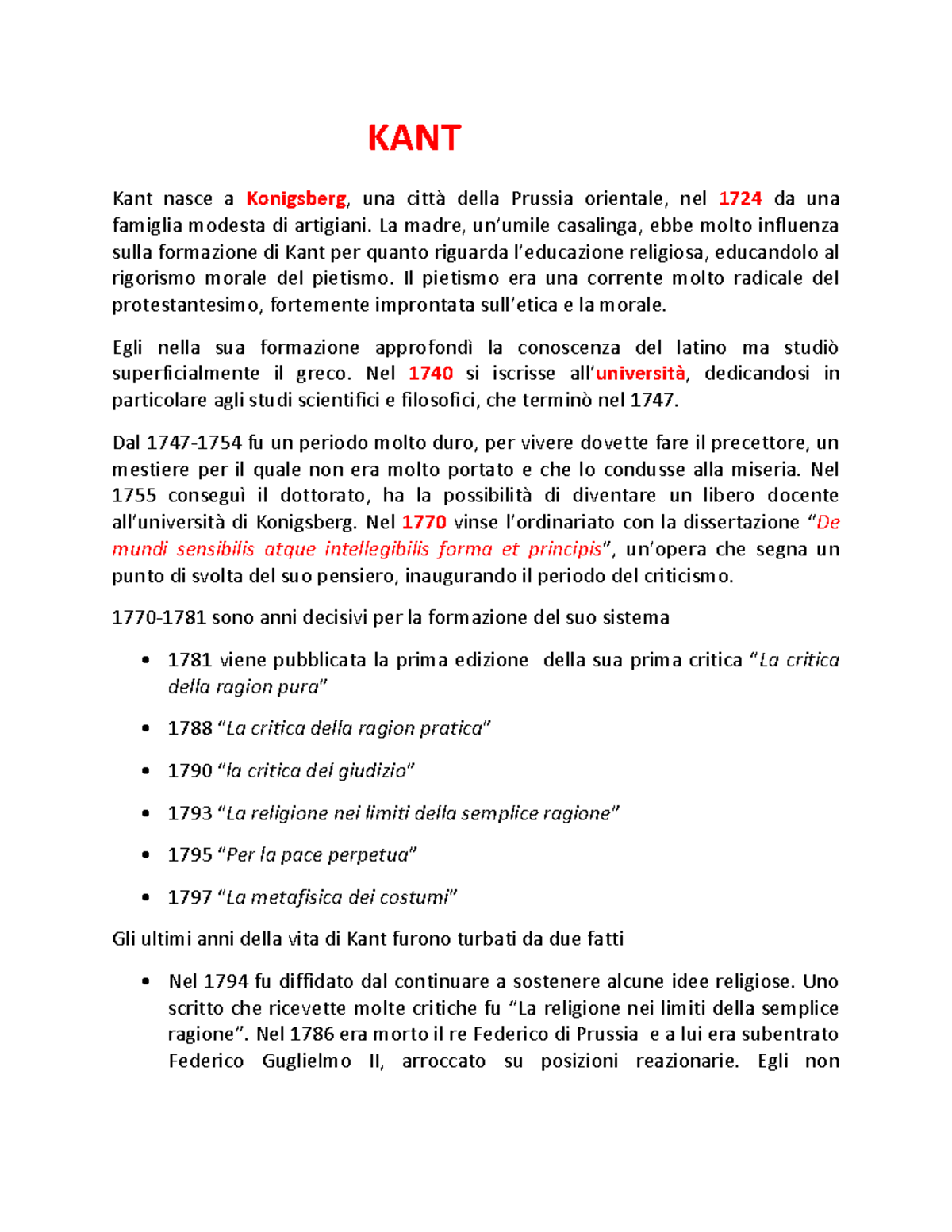 KANT - Riassunto La ricerca del pensiero - KANT Kant nasce a Konigsberg ...