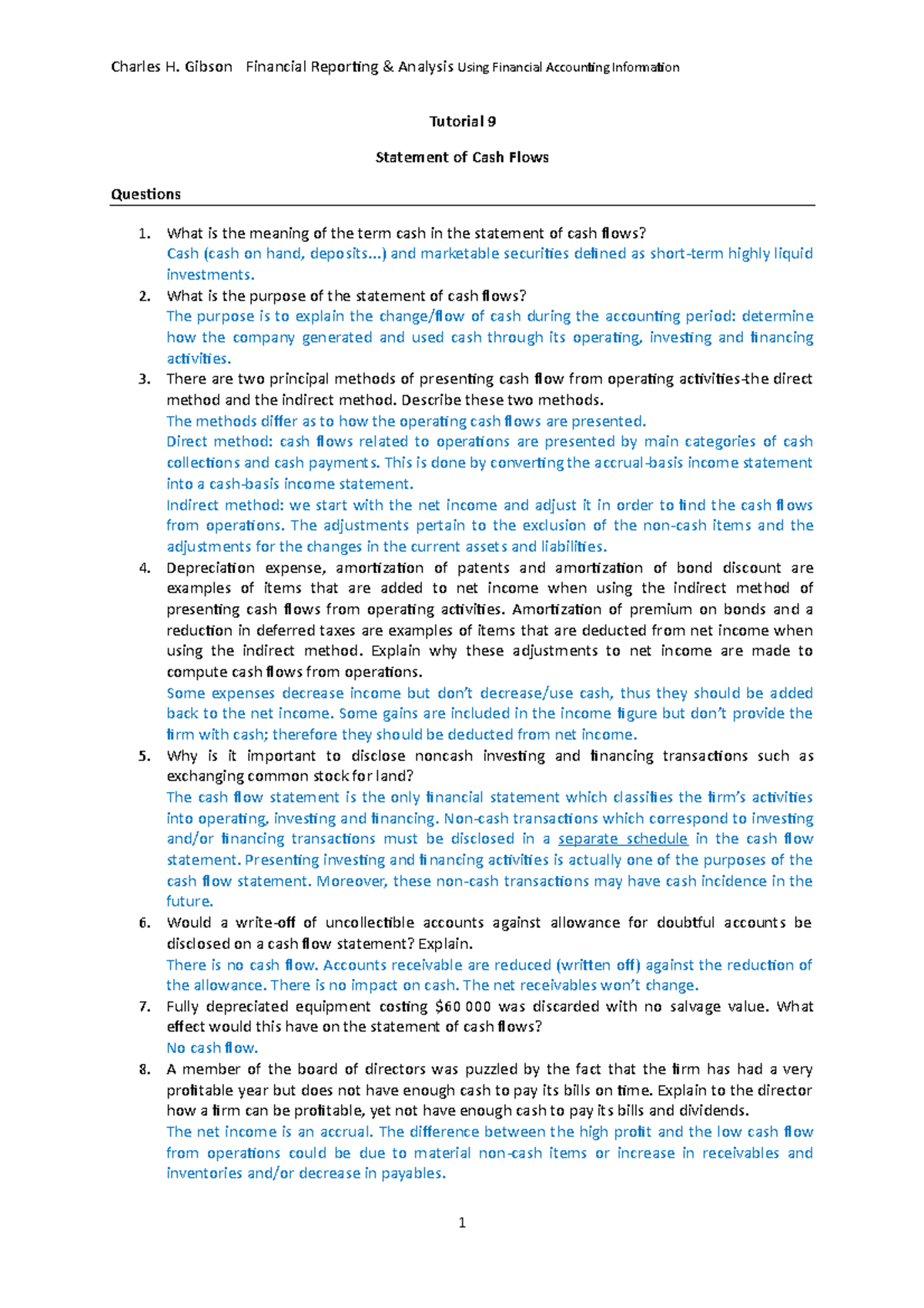 FSA Tutorial 9 - with solutions - Tutorial 9 Statement of Cash Flows ...