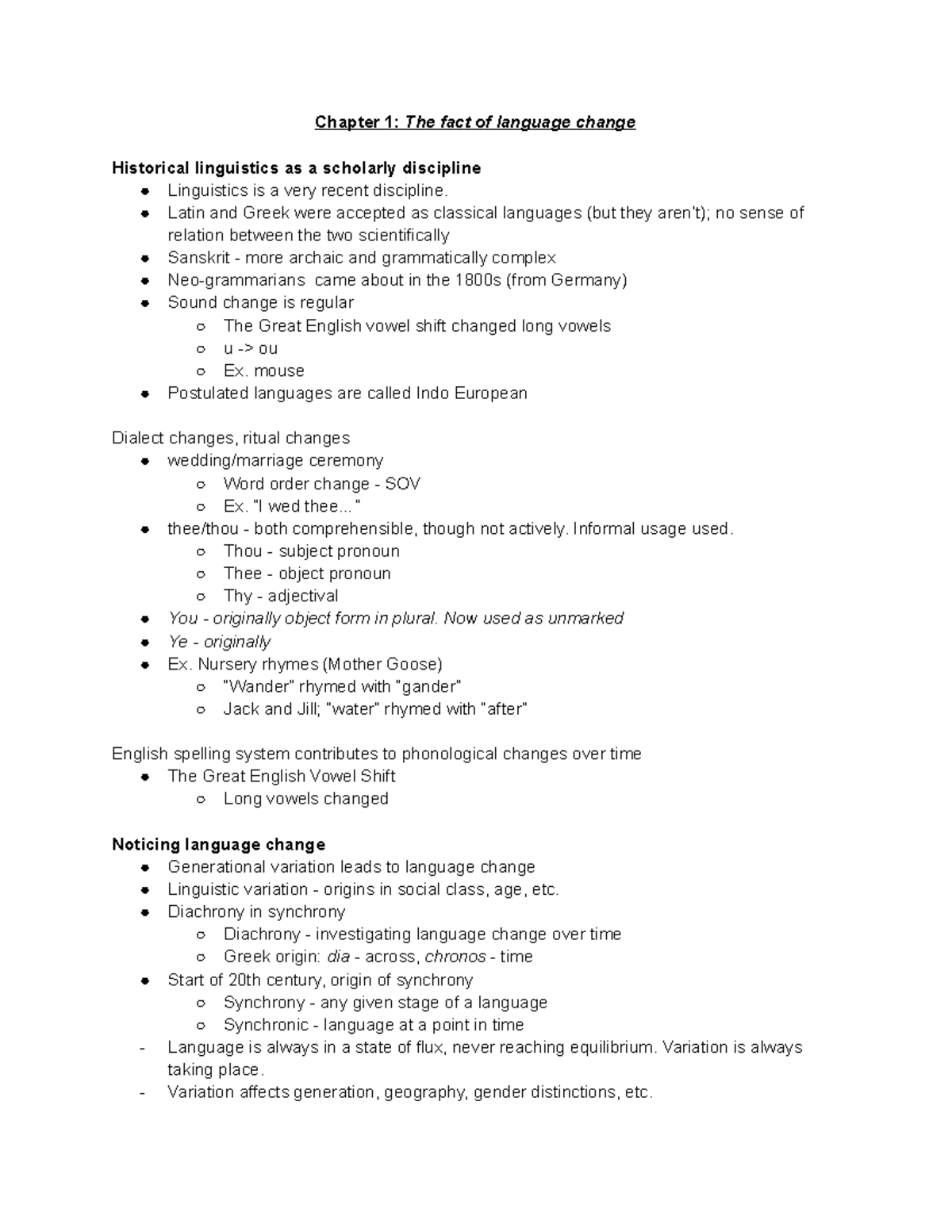 Chapter 1 Notes - Chapter 1: The fact of language change Historical ...