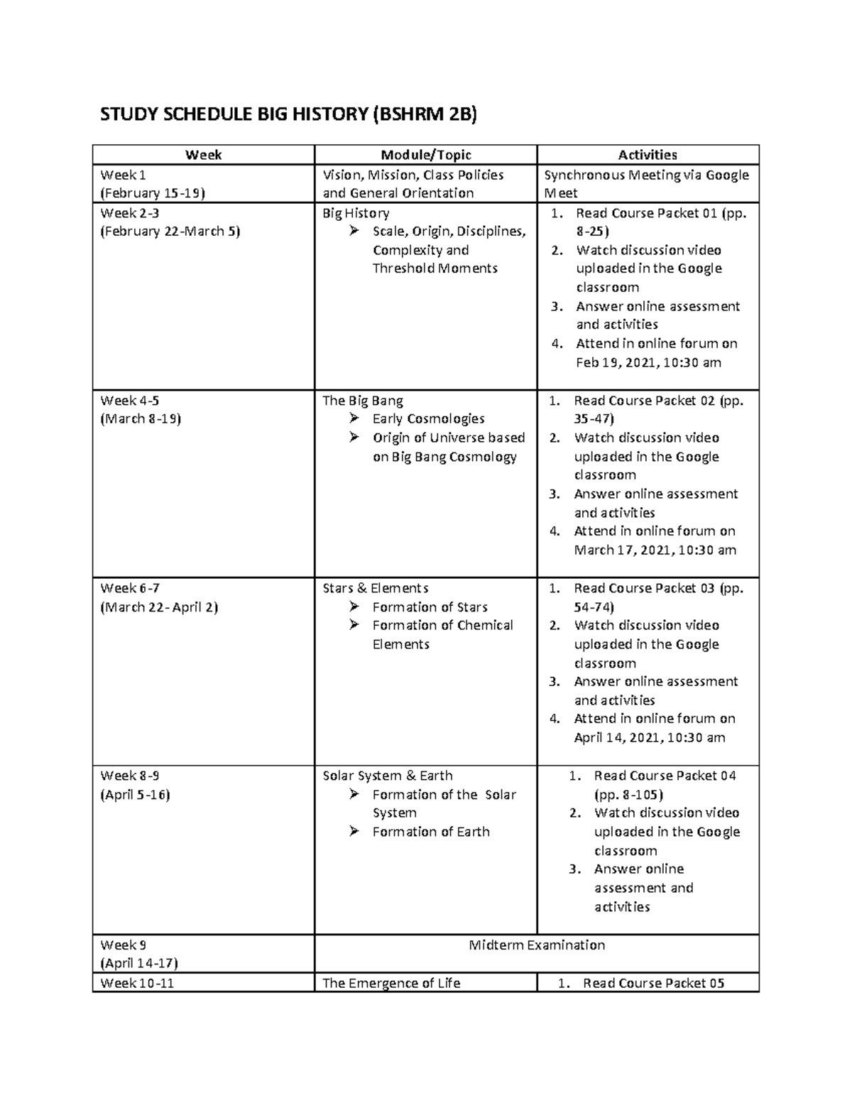 Big history study sched HRM2B - STUDY SCHEDULE BIG HISTORY (BSHRM 2B ...