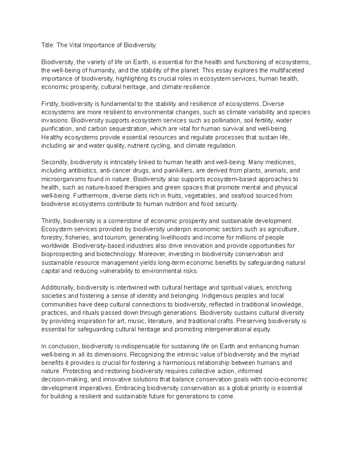 Biodiversity Essay - Title: The Vital Importance of Biodiversity ...