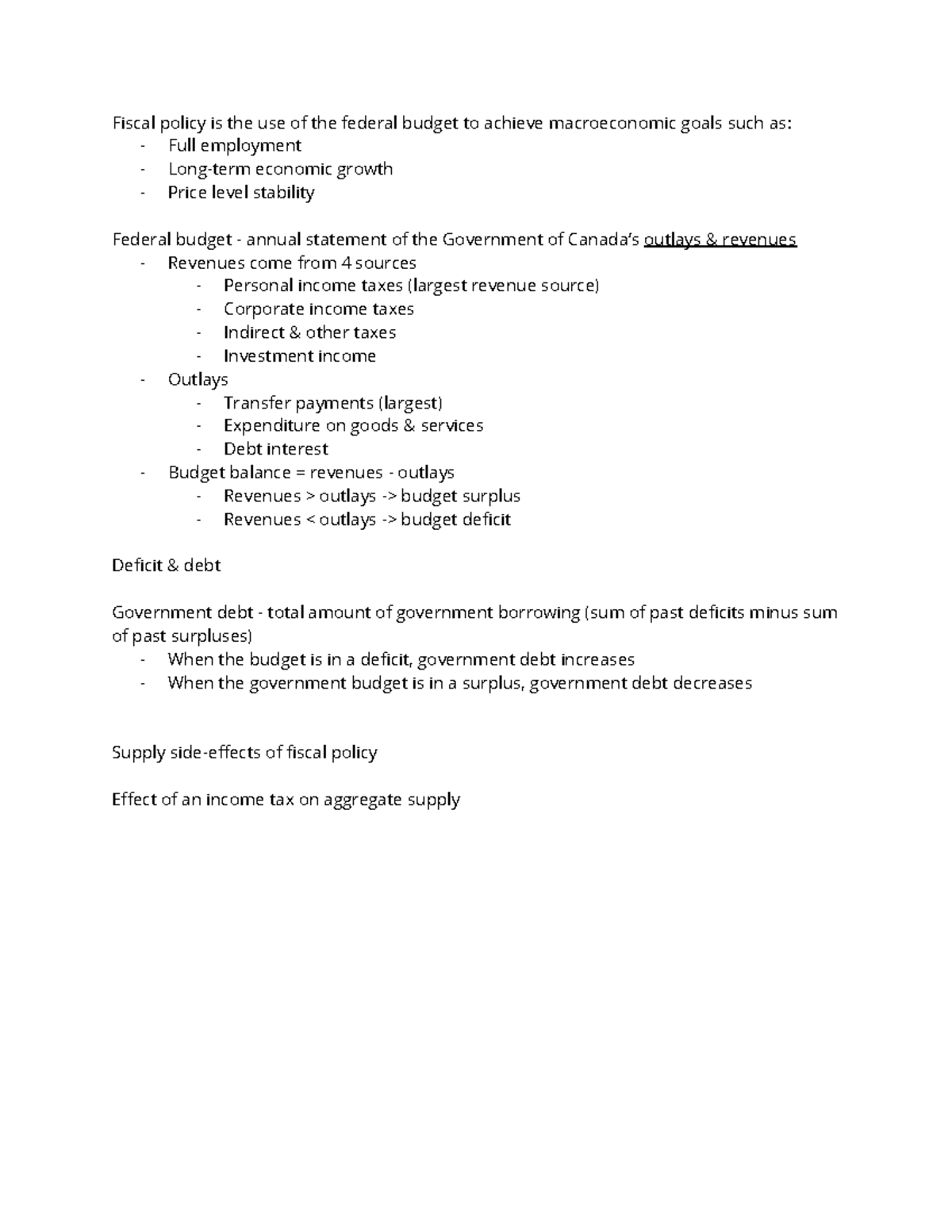 Fiscal policy - Lecture notes from econ1022; Leigh Macdonald's class ...